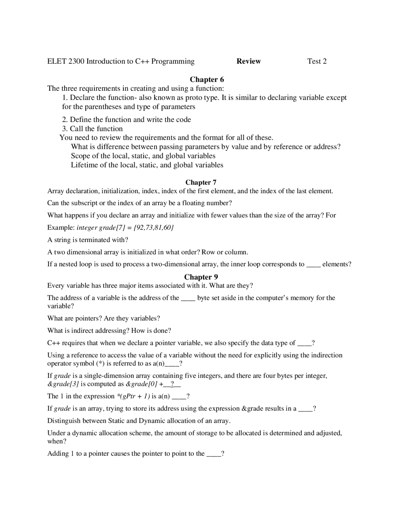 Exam 2 Review - Introducing To C++ Programming | ELET 2300 - Docsity