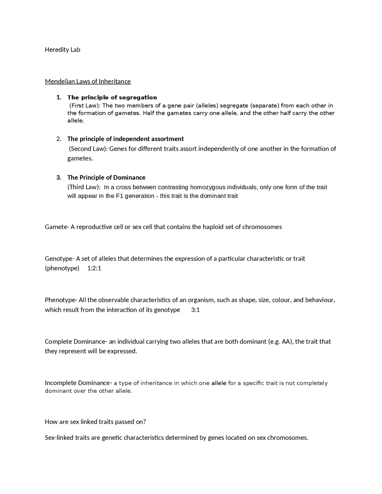Notes On Heredity Biological Principles Laboratory Bsc 1005l Docsity