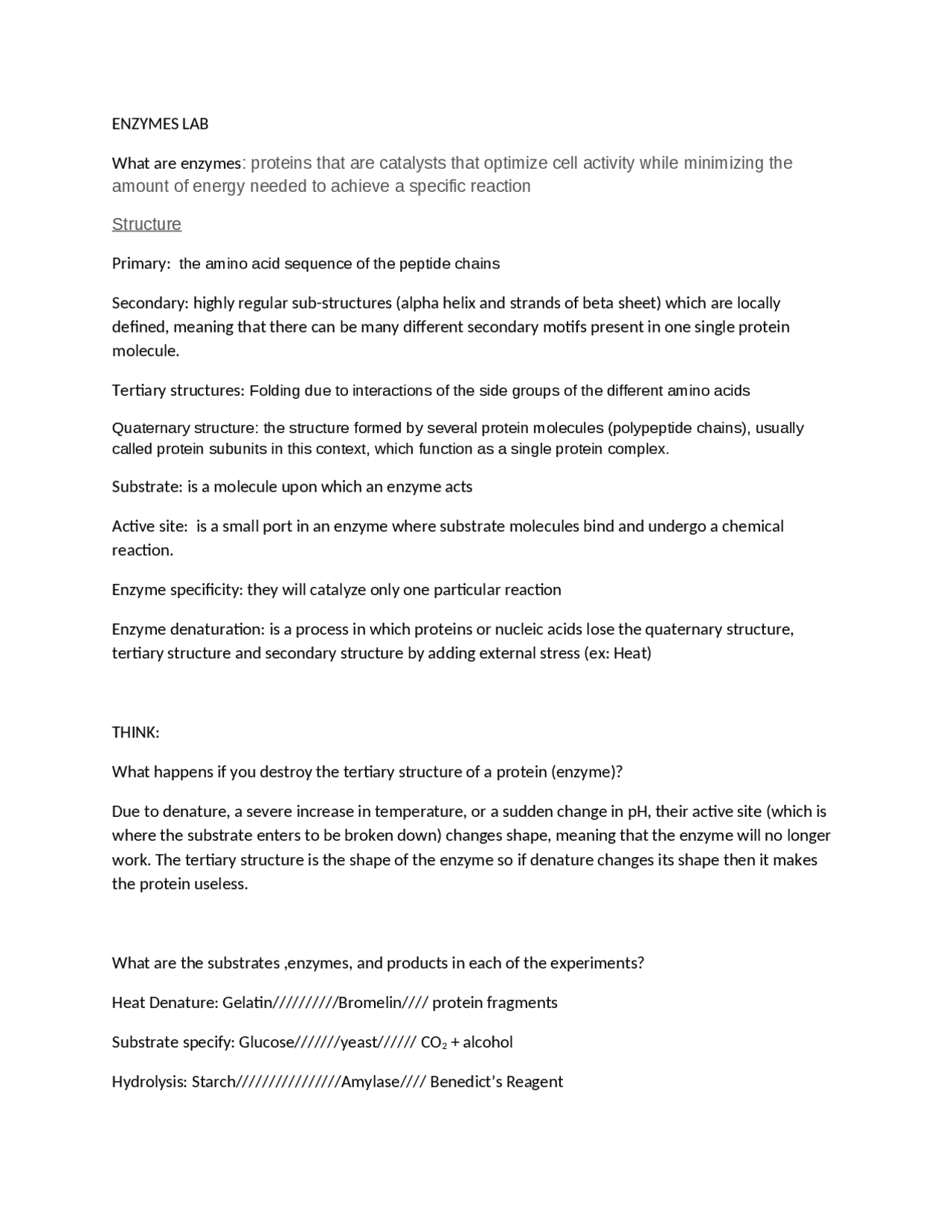 Notes for Enzymes Lab | Biological Principles Laboratory | BSC 1005L ...