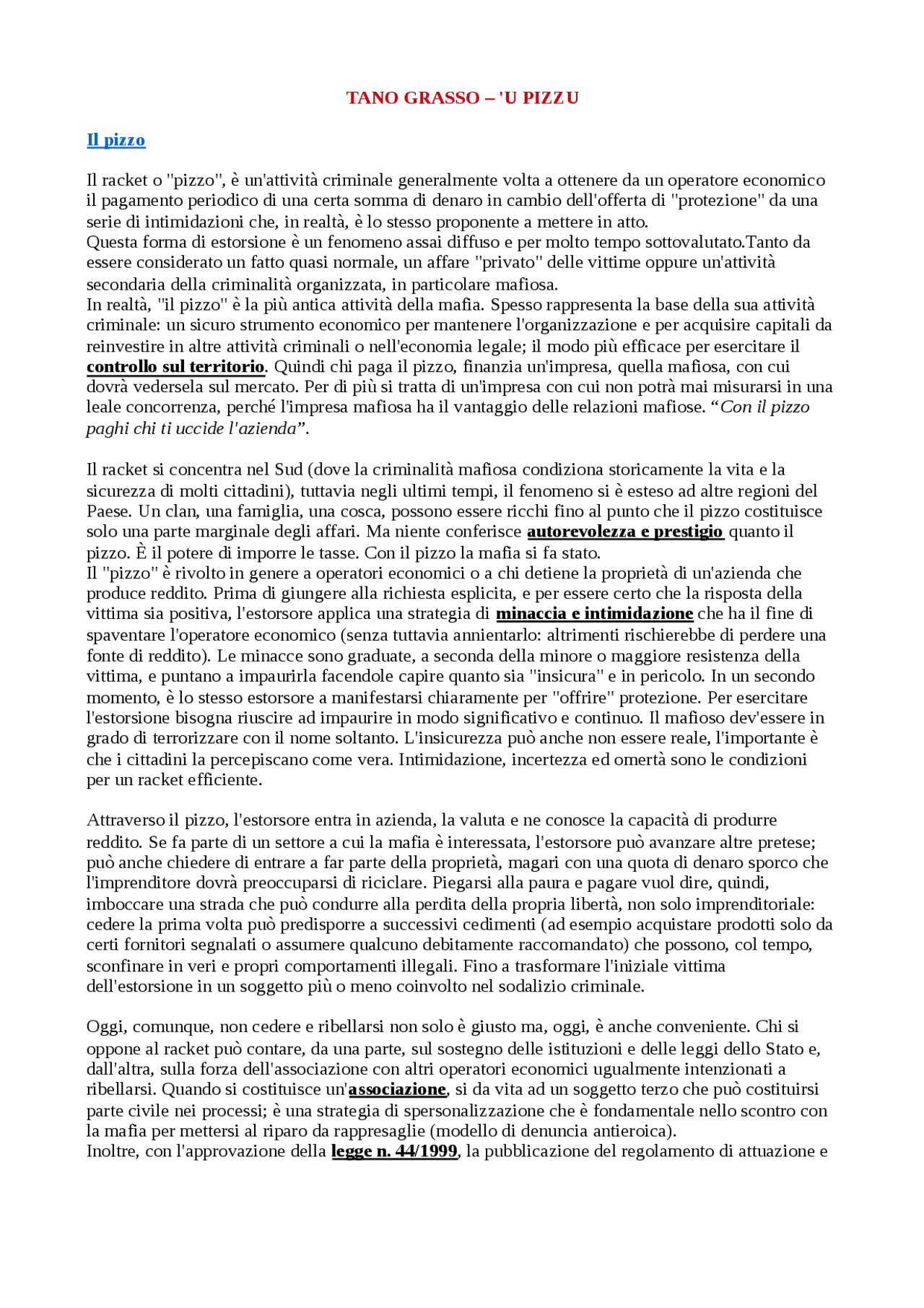 U Pizzu Tano Grasso Sintesi Del Corso Di Diritto Docsity