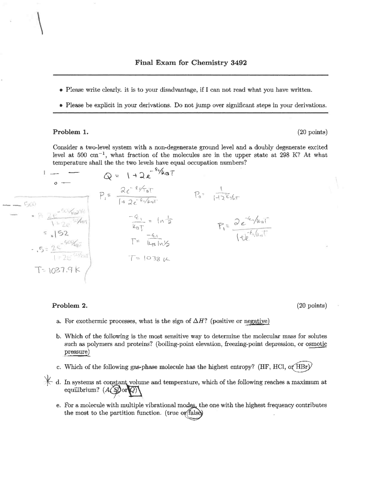 Solved Problems for Final Exam - Physical Chemistry II | CHEM 3492 ...