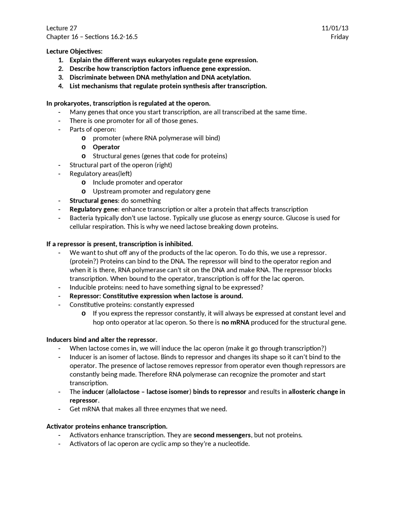 Eukaryotic Regular Gene Expression Lecture Notes Bisc 160 Docsity