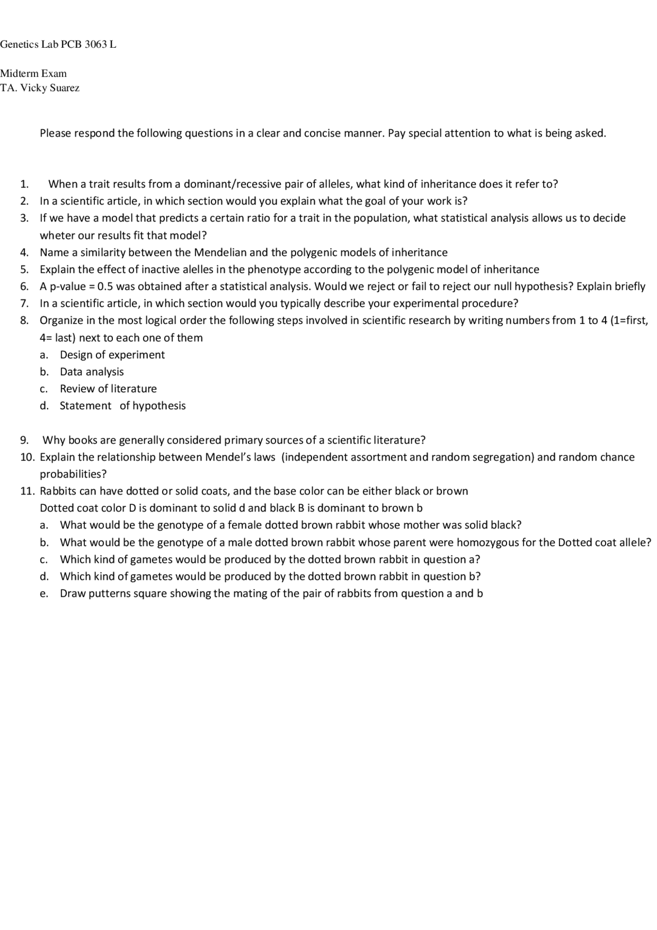Midterm Exam Genetics Laboratory Pcb 3063l Docsity