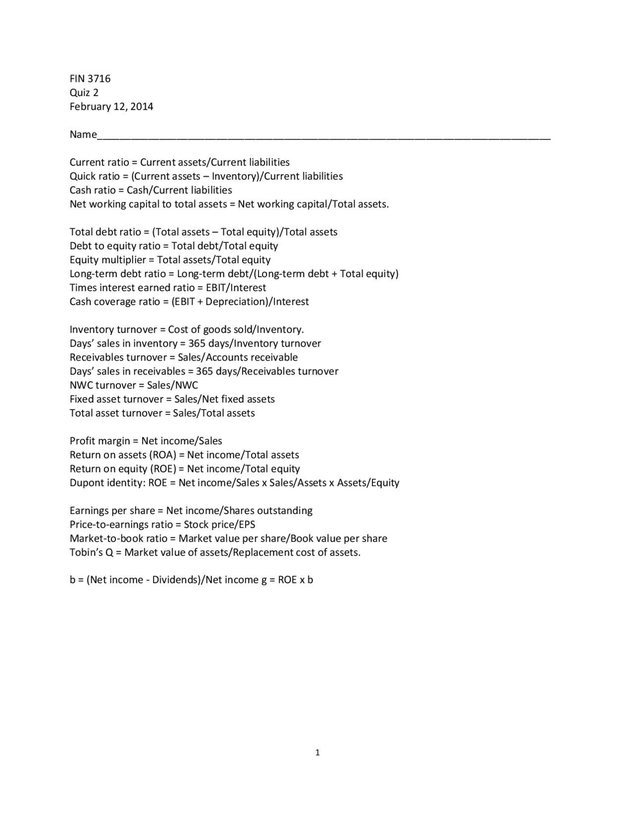 Quiz 2 With Answers Financial Management Fin 3716 Docsity