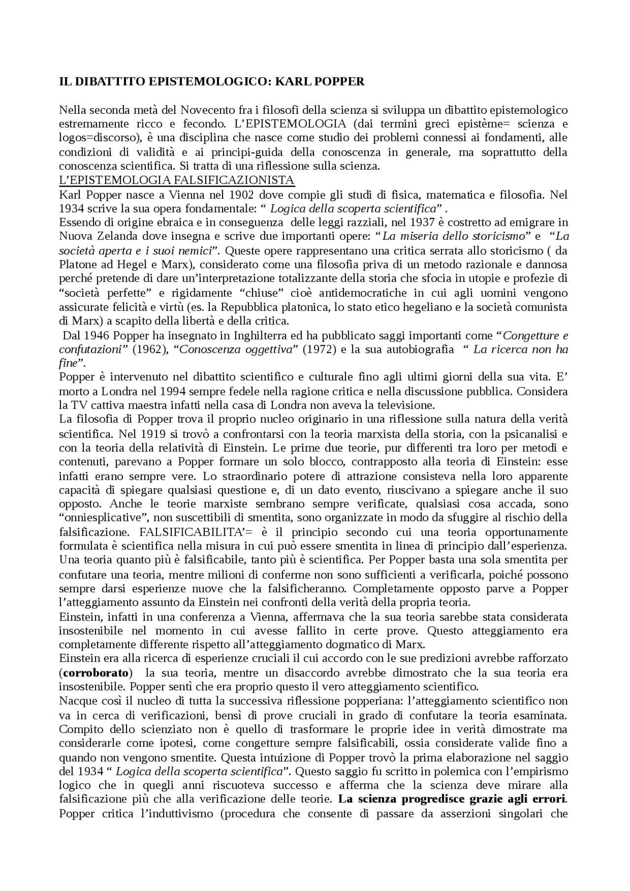 IL DIBATTITO EPISTEMOLOGICO - Docsity