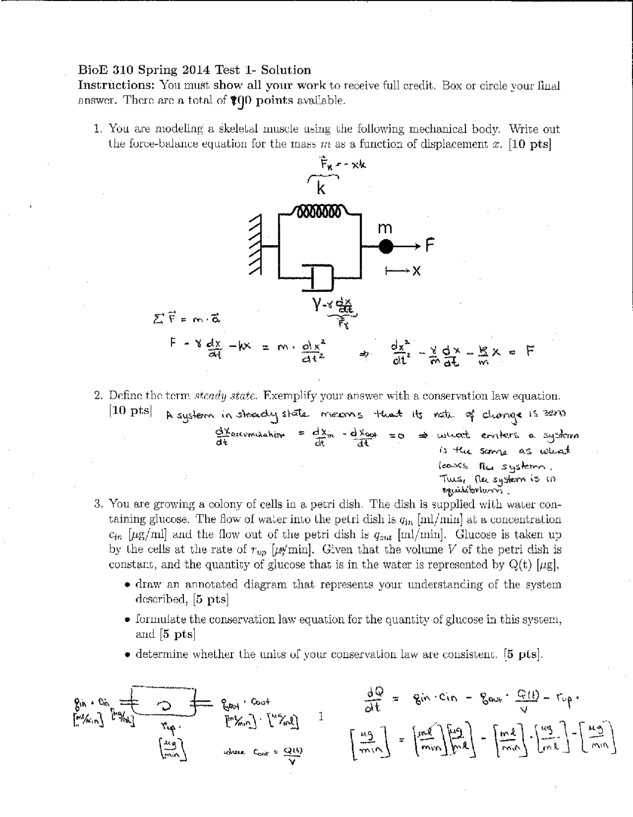 Test 1 Solutions Biological Systems Analysis Bioe 310 Exams