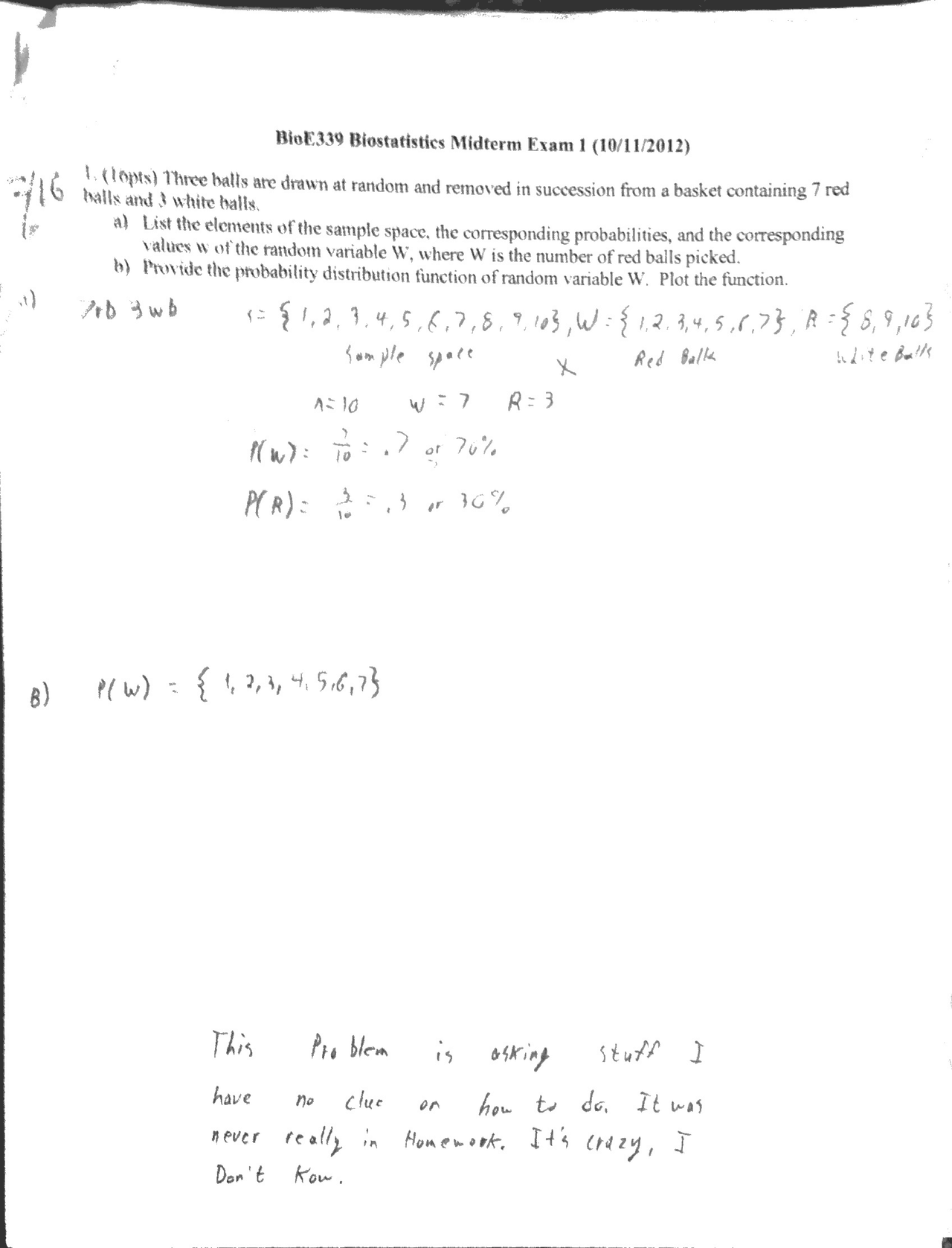 Midterm Exam 1 Biostatistics I Fall 2012 Bioe 339 Docsity