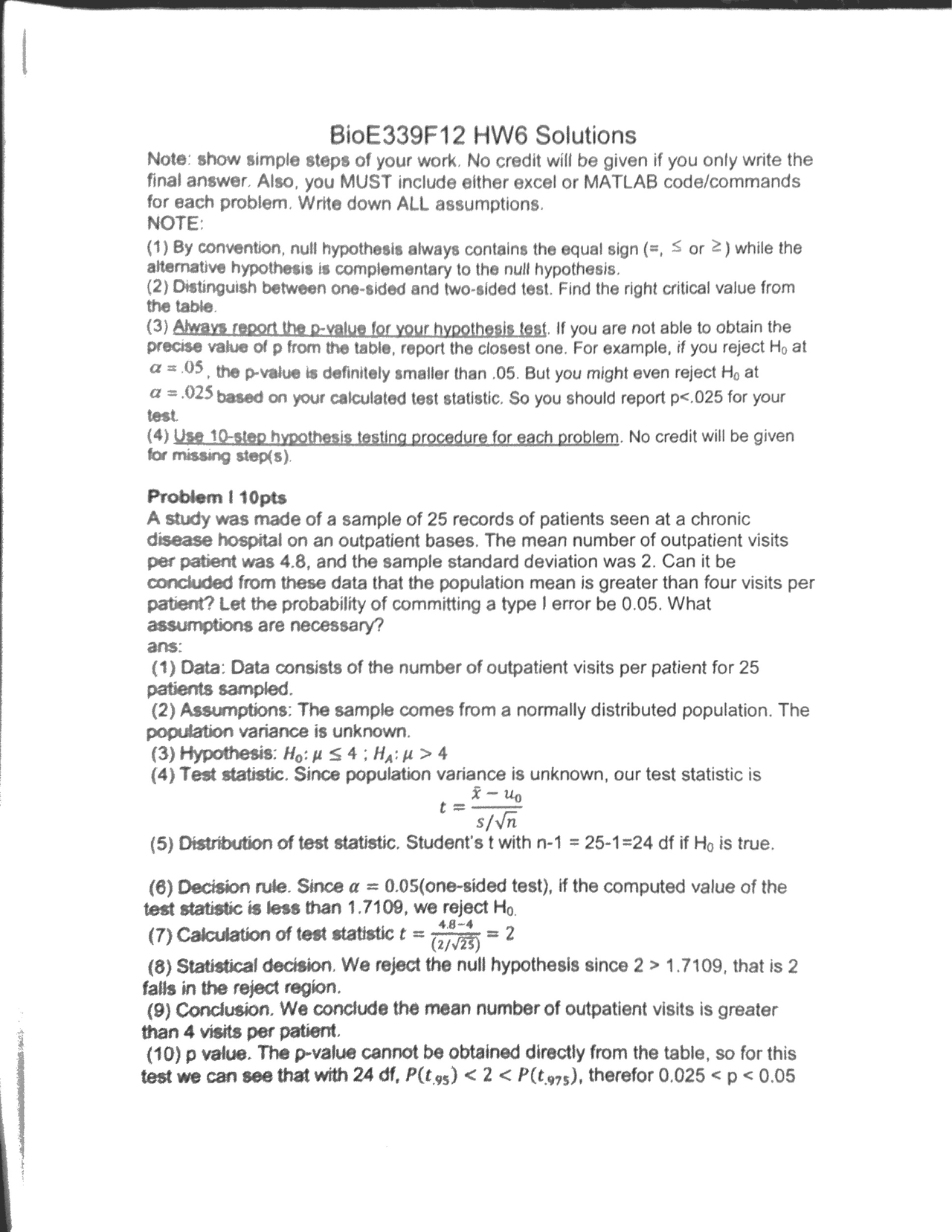 6 Problems With Solutions On Biostatistics I Homework 6 Bioe 339
