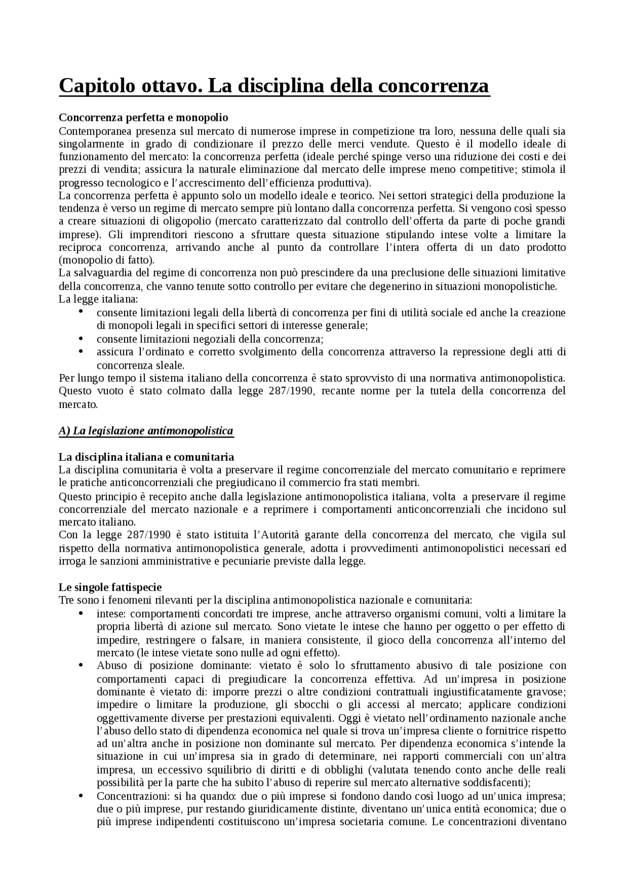 Capitolo 8 - La disciplina della concorrenza - Docsity