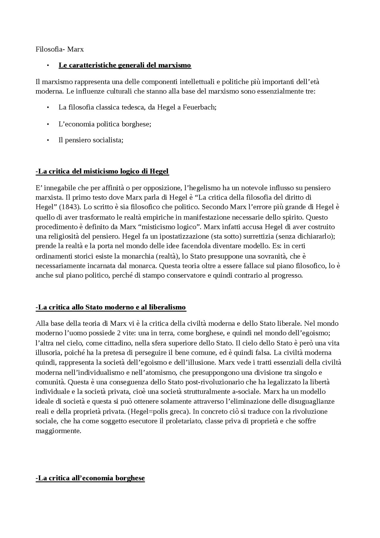 Riassunto - Marx e il suo pensiero - Docsity