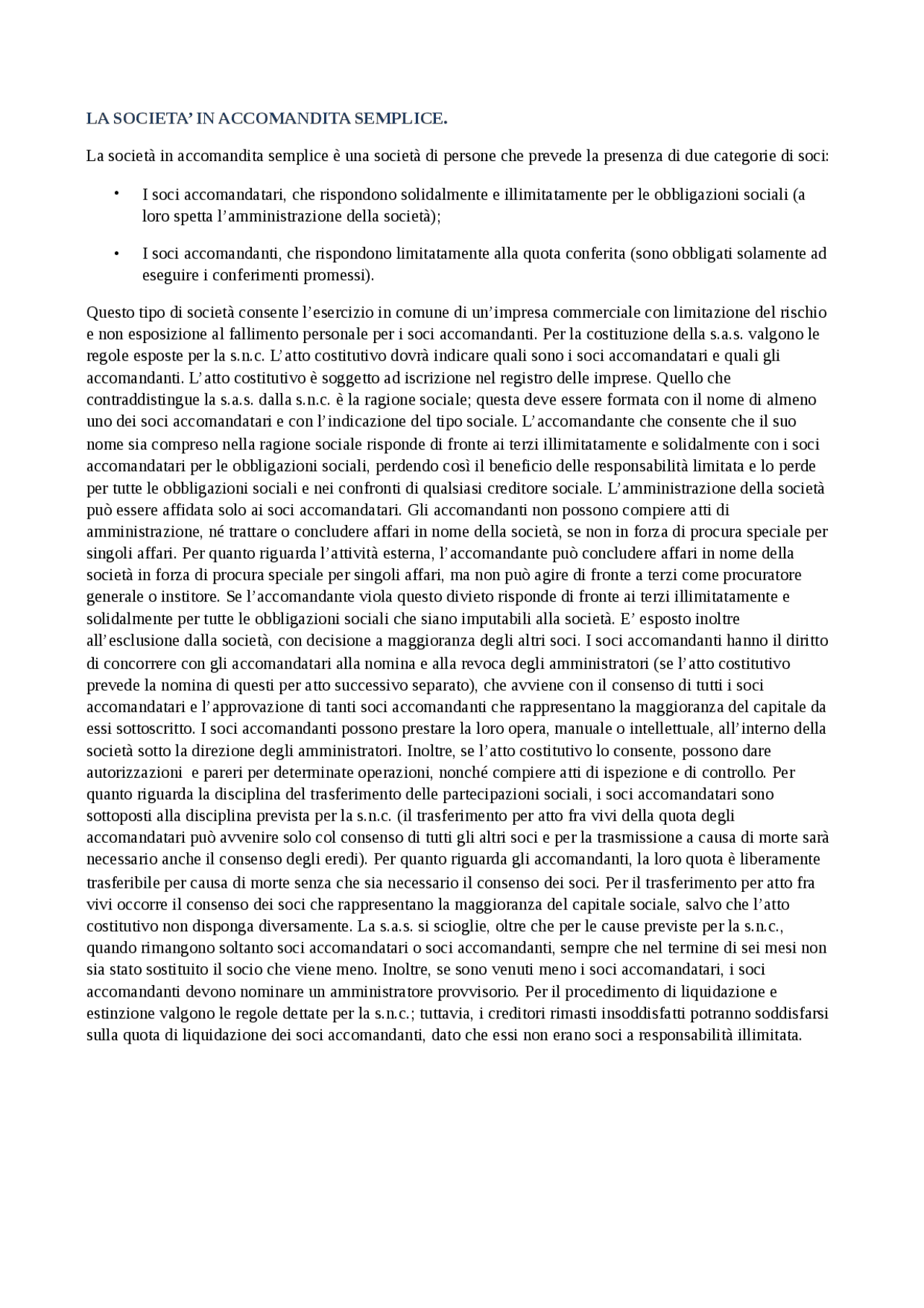 La Societa In Accomandita Semplice Appunti Di Diritto Commerciale