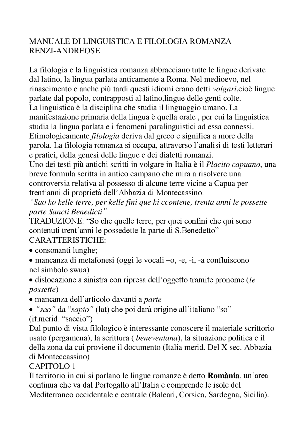 Riassunto Manuale Di Linguistica E Filologia Romanza Renzi Andreose