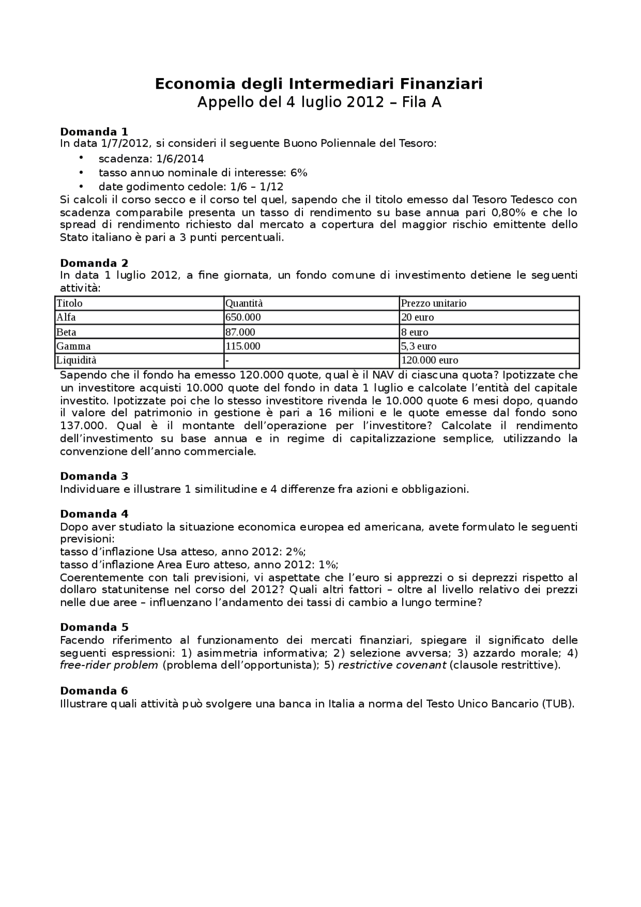 Esami intermediari finanziari - Docsity