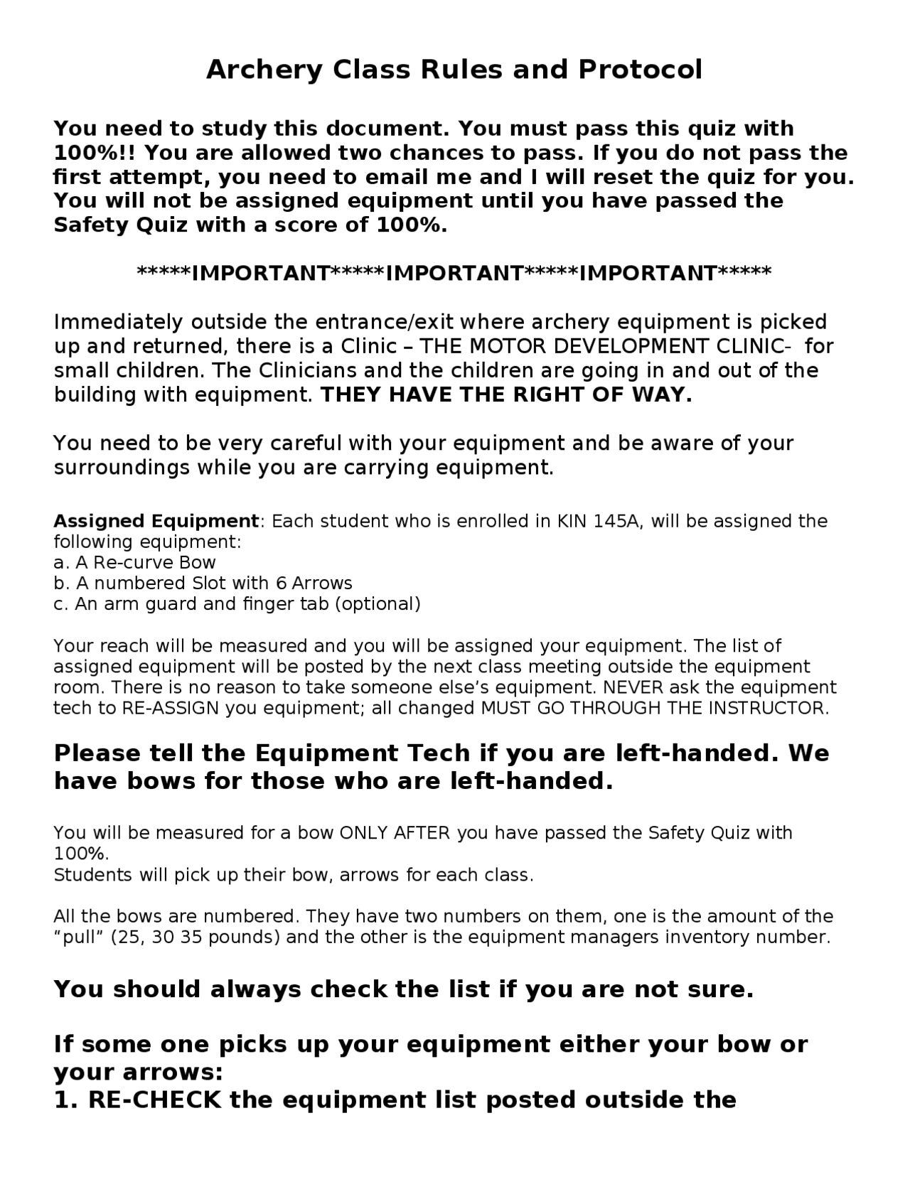 Archery Class Rules and Protocol | Beginning Archery | KIN 145A - Docsity