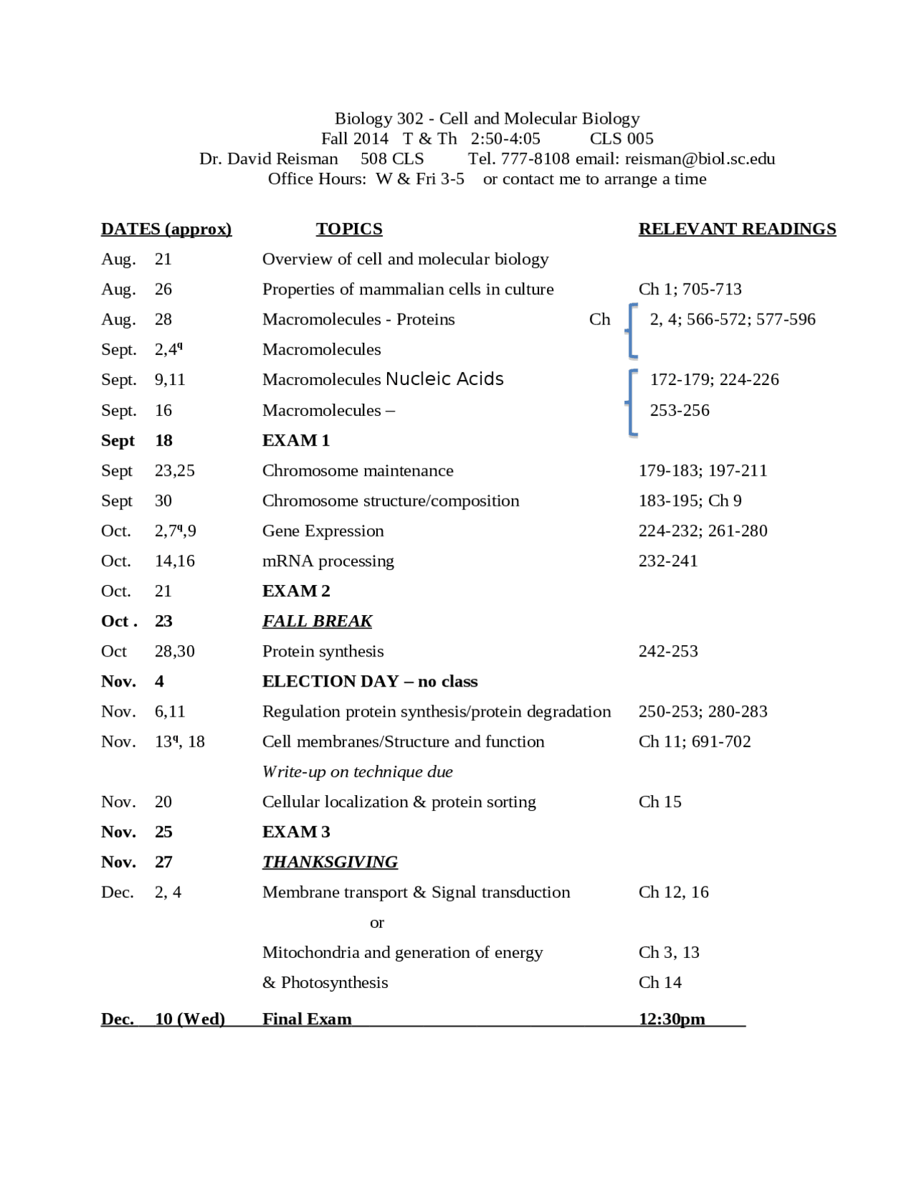 Cell and Molecular Biology - Course Syllabus | BIOL 302 - Docsity