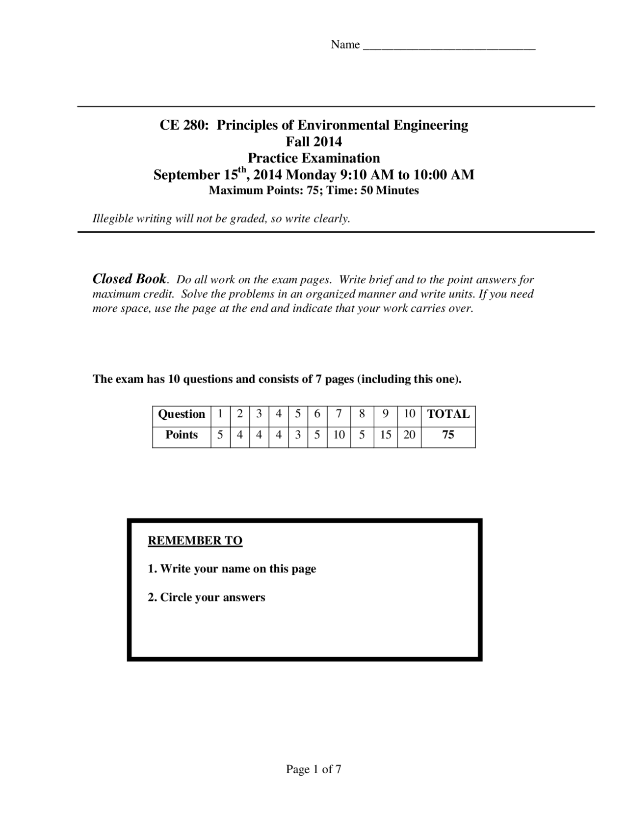 Practice Exam Solved Principle Of Environmental Engineering Ene 280