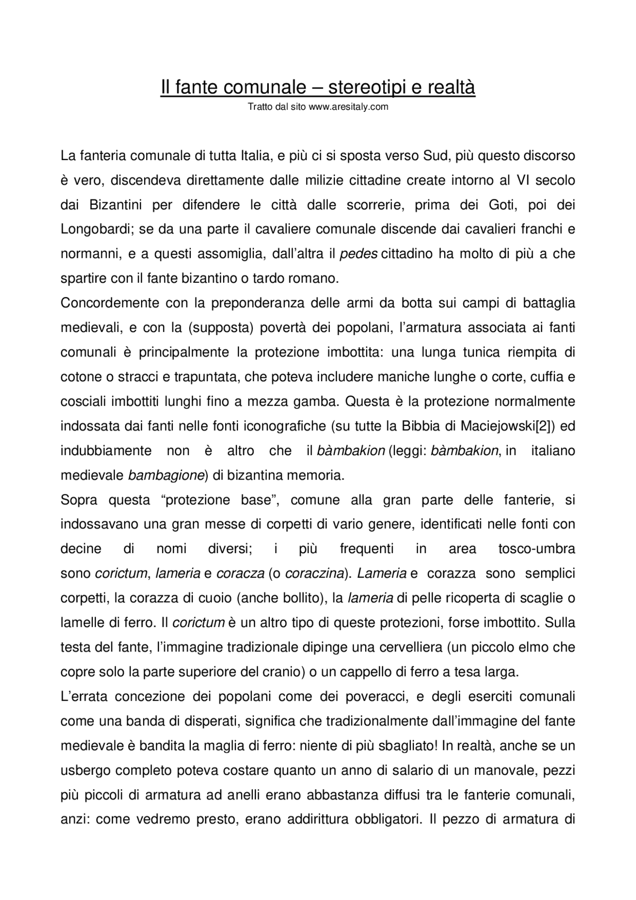 Il fante comunale nel XIII secolo - Docsity