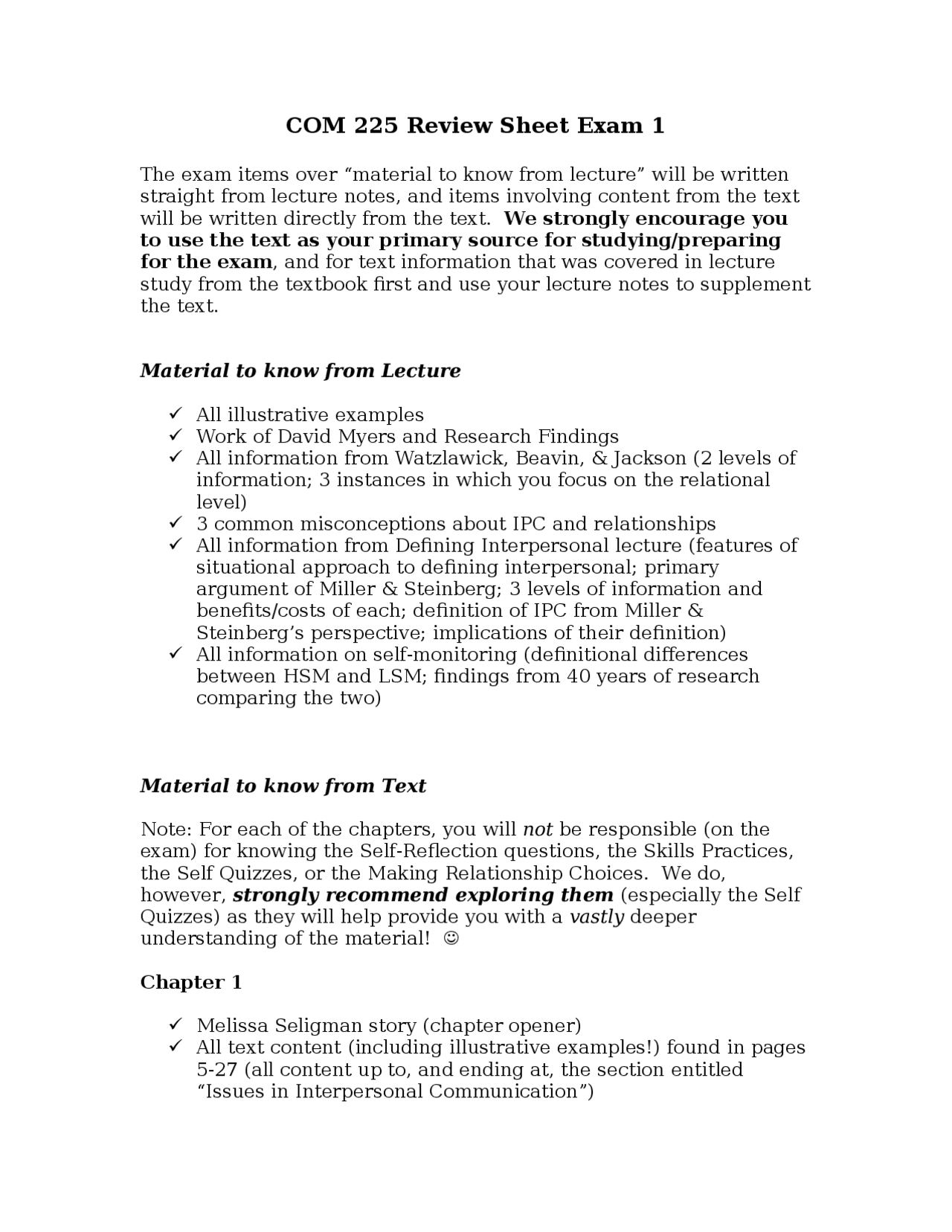 Introduction To Interpersonal Communication Final Exam Review Com 225