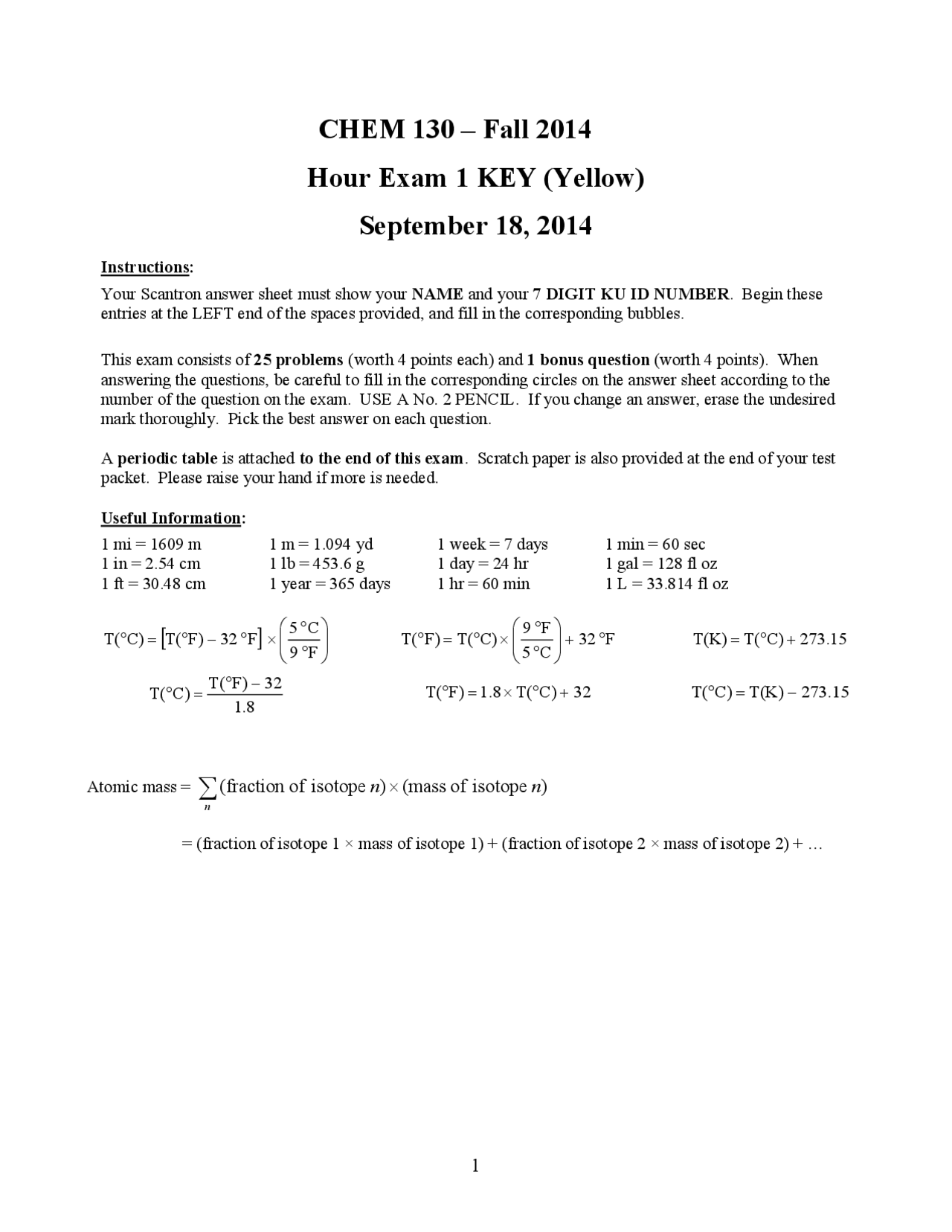 Exam 1 Questions with Answer Key - Foundations of Chemistry I | CHEM ...