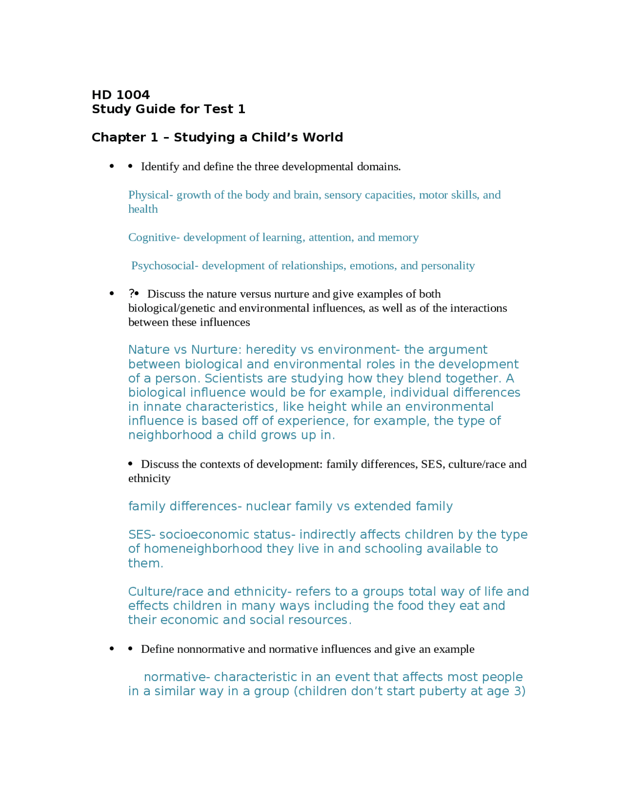 Studying a Child's World - Study Guide for Test 1 | HD 1004 - Docsity