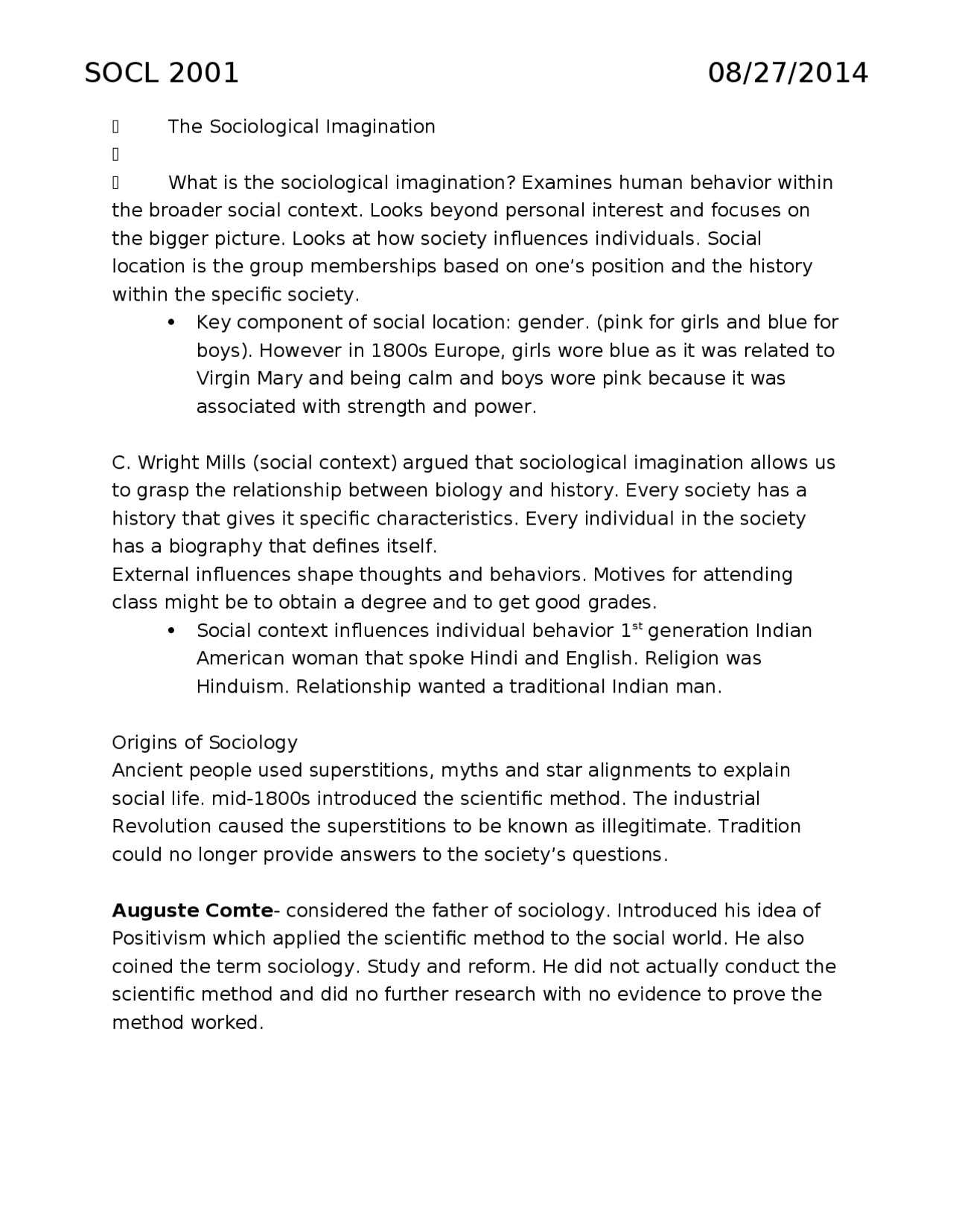 The Sociological Imagination - Exam 1 - Fall 2014 | SOCL 2001 - Docsity