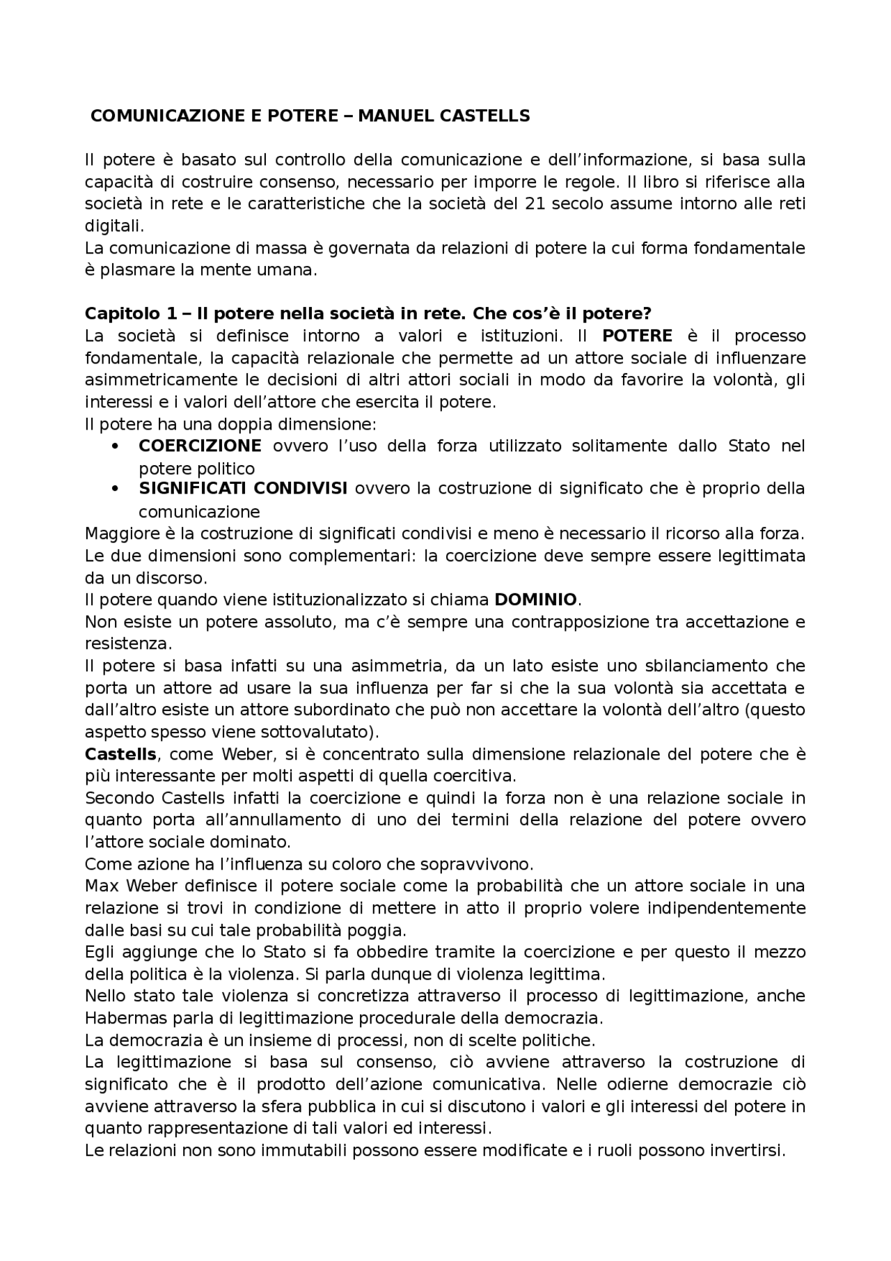 Riassunto Comunicazione E Potere Castells Docsity