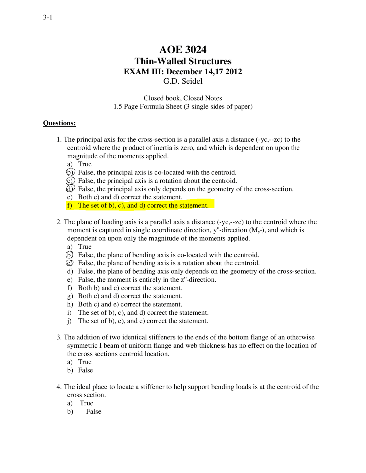 Exam Iii Solved Questions Thin Walled Structures Aoe 3024 Docsity