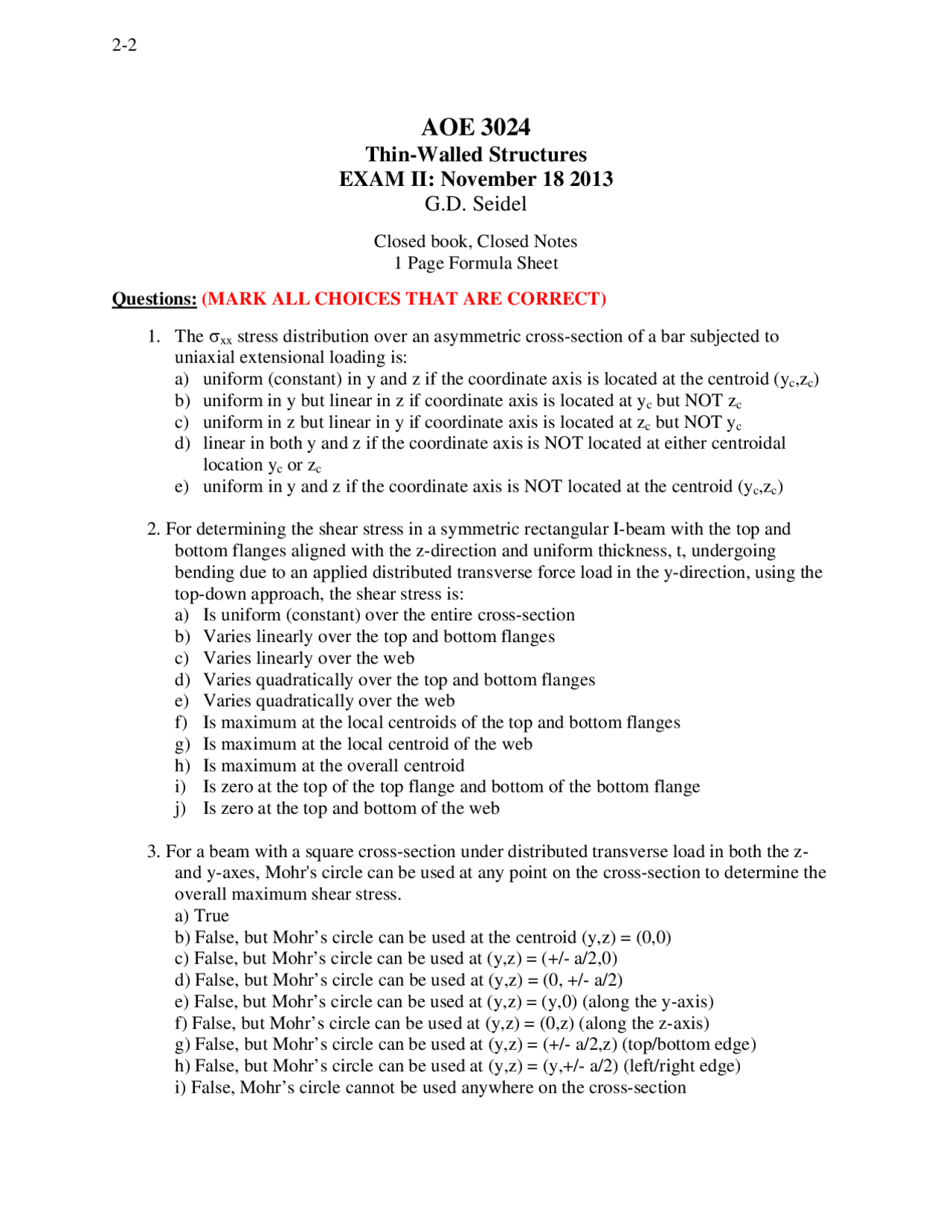 26 Multiple Choice Questions On Thin Walled Structures Aoe 3024 Docsity