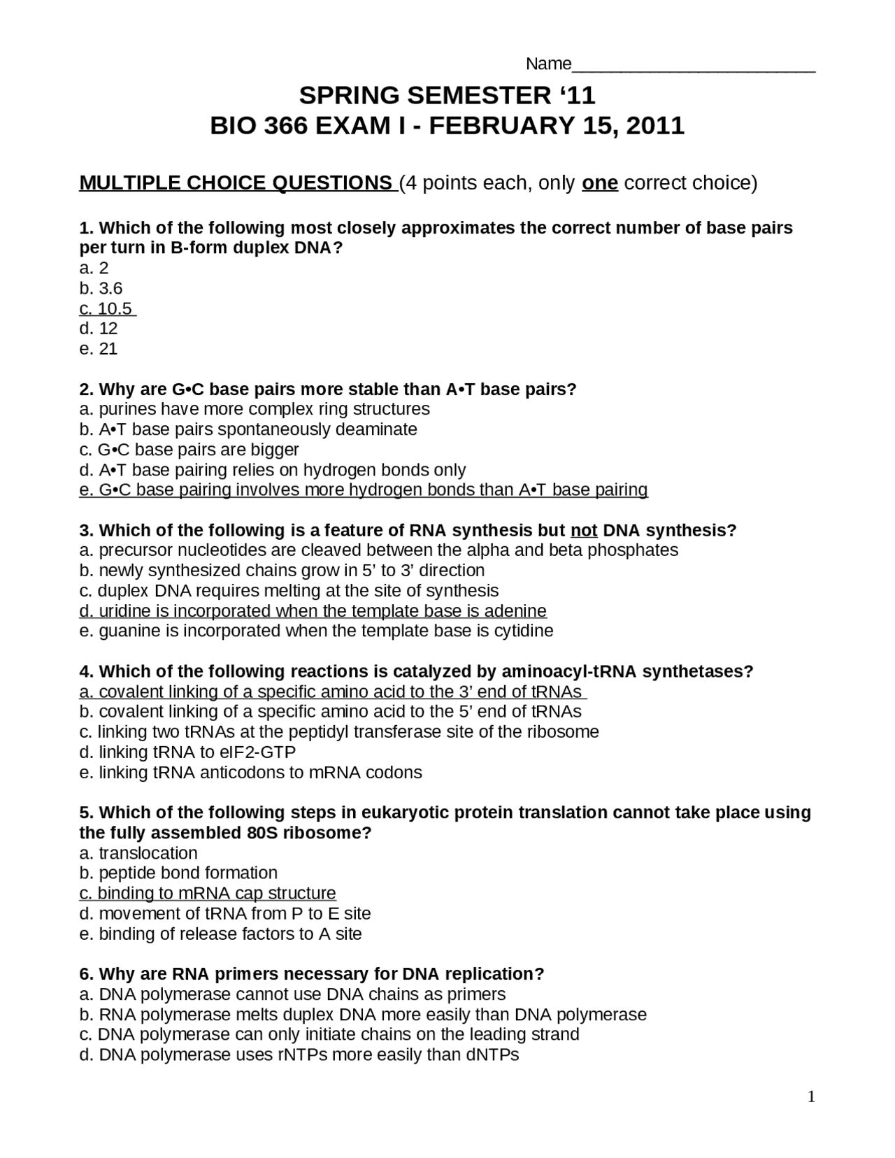 Exam 1 Solutions Biochemical Cell And Molecular Biology Ii Biol 366