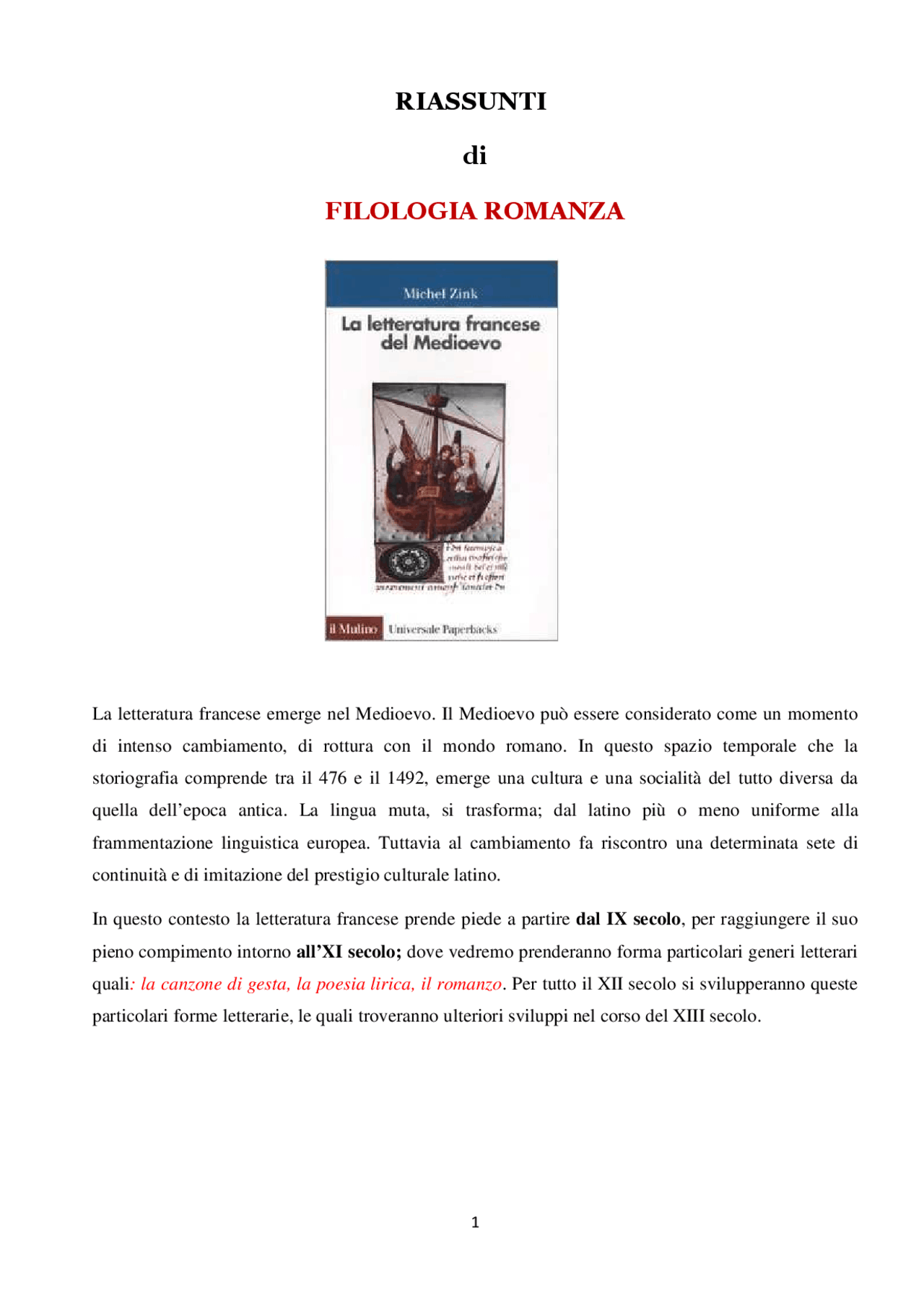 Riassunto La Letteratura Francese Nel Medioevo Zink Docsity