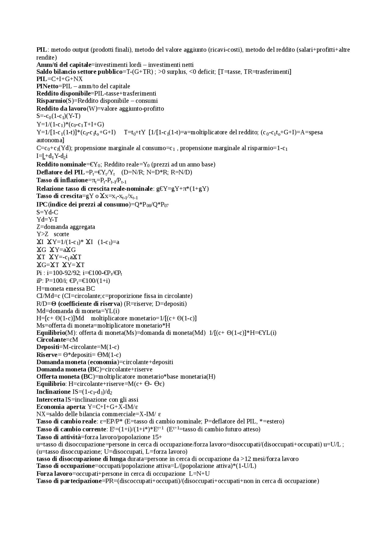 Formule Macroeconomia Docsity