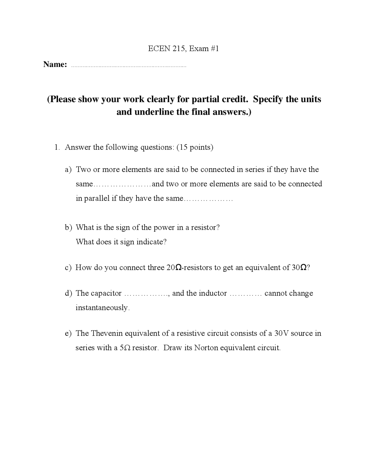 Solution For Exam1 Questions Principle Of Electrical Engineering