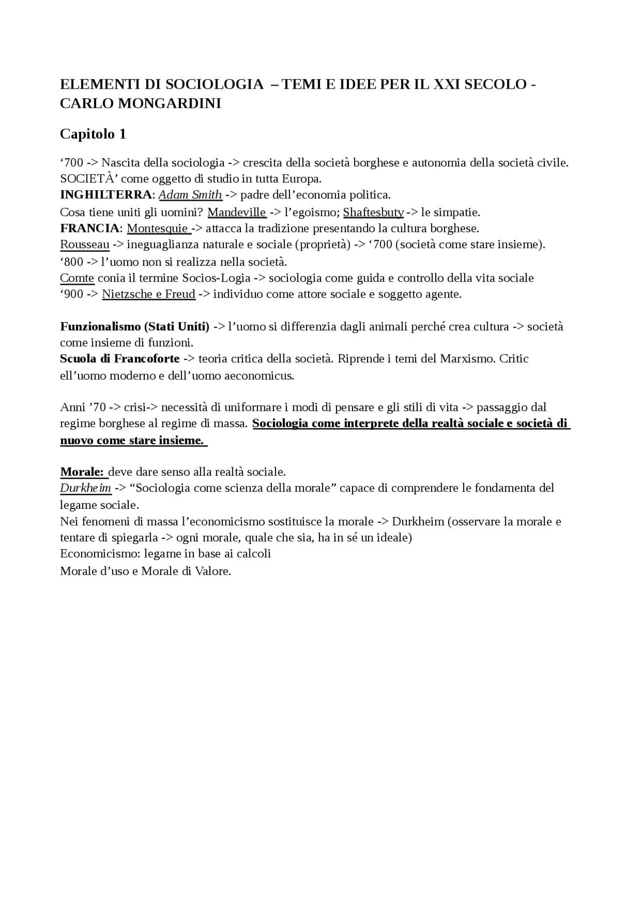 Riassunto Elementi Di Sociologia Carlo Mongardini Docsity