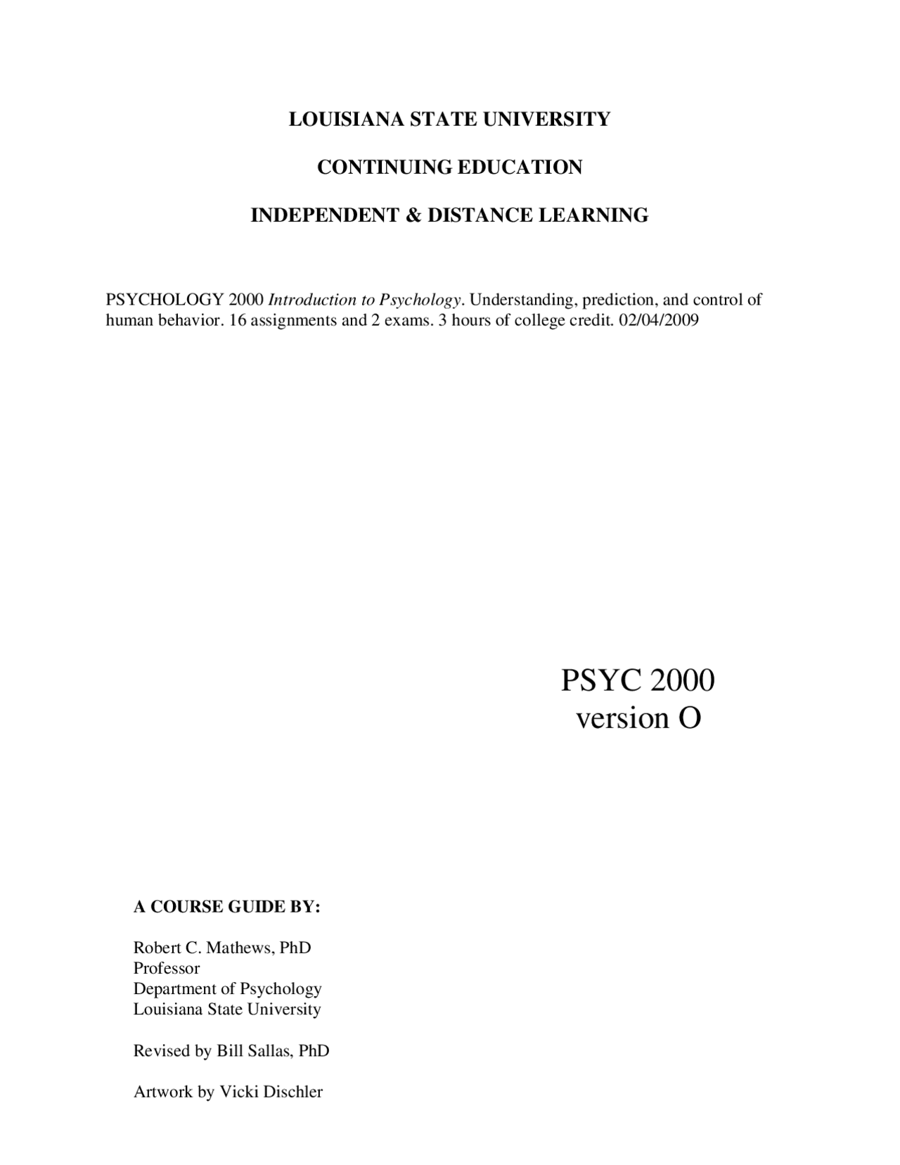 Distance Learning Final Question Bank - Introducing Psychology | PSYC 2000 - Docsity