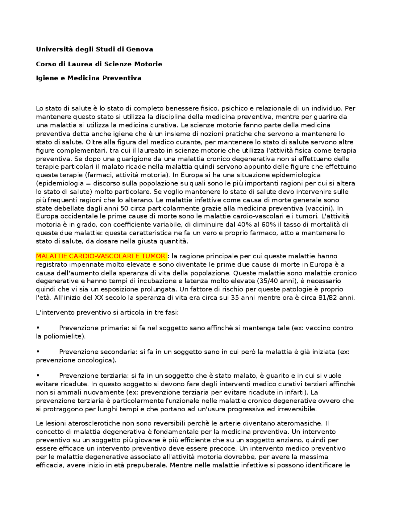 Igiene Applicata E Prevenzione Scienze Motorie Docsity