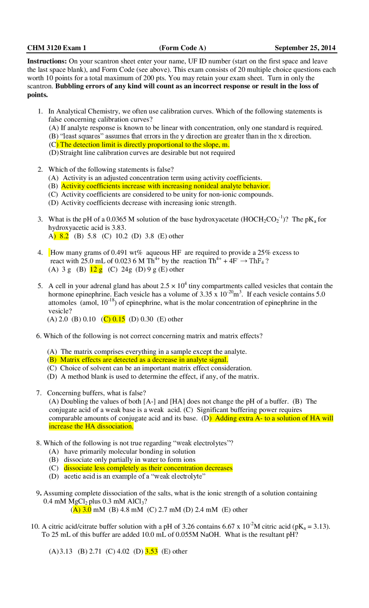 Exam 1 Answer Key Introduction To Analytical Chemistry Chm 3120
