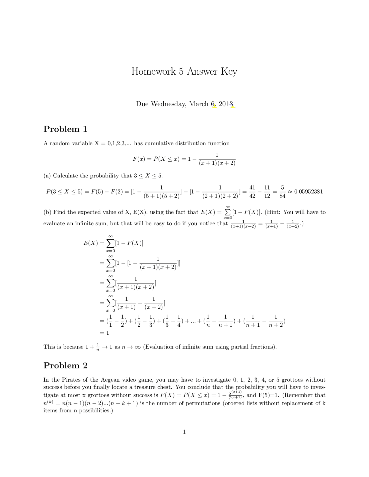 Calculate Probabilities Homework Answer Key | STAT 4714 - Docsity