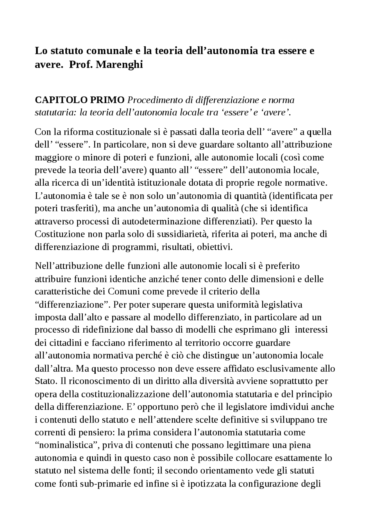 Lo statuto comunale e la teoria dell'autonomia tra essere e avere - Docsity