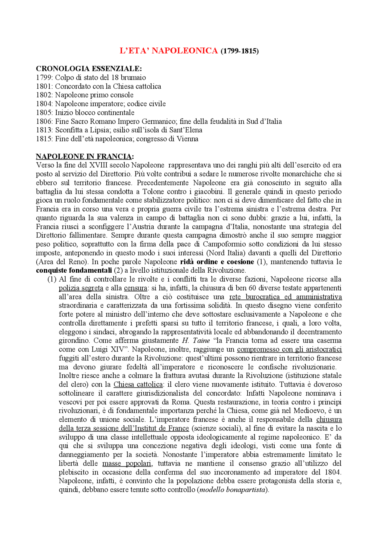 Appunti sull'Età Napoleonica - Docsity