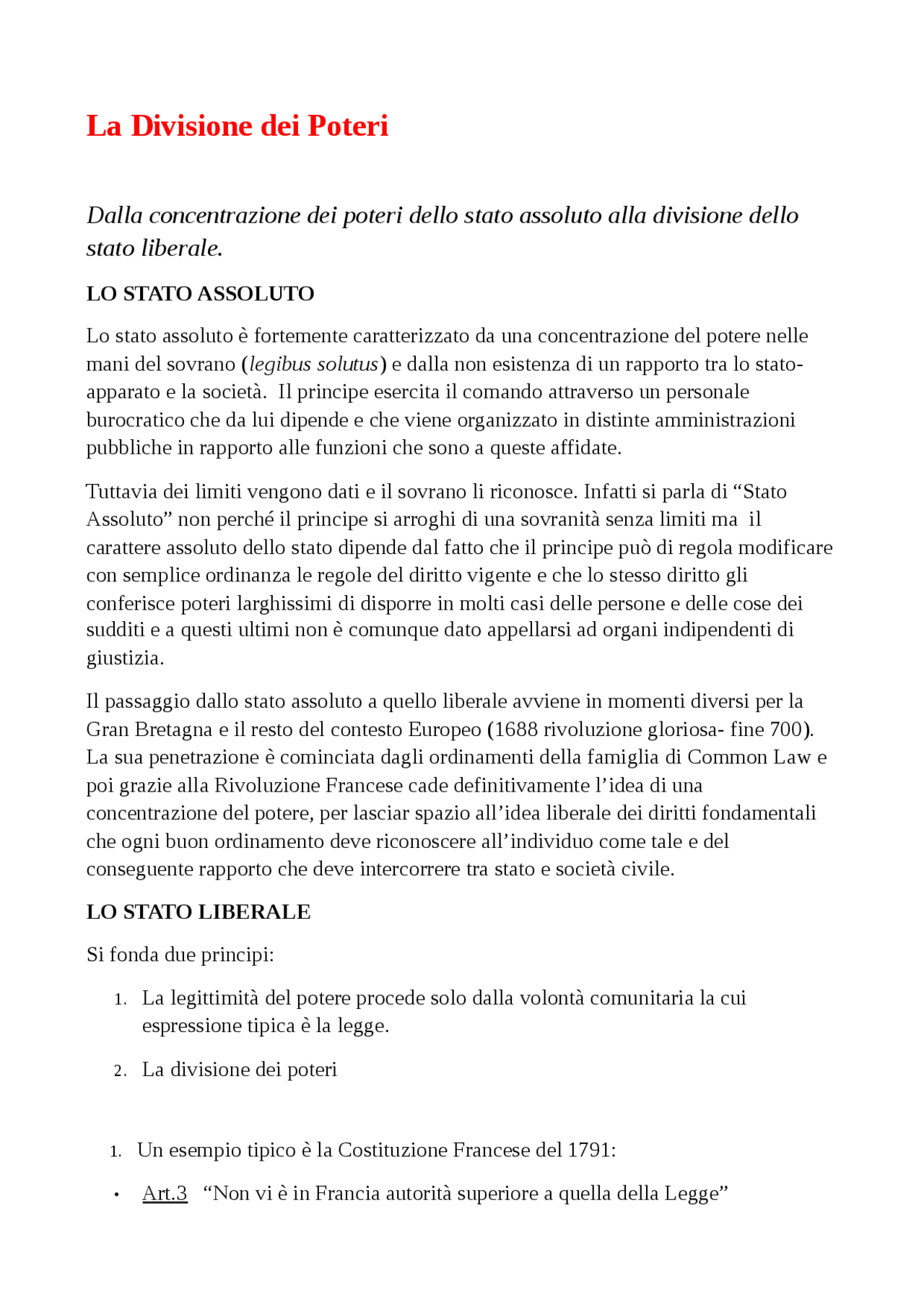 La Divisione Dei Poteri Giovanni Bognetti Docsity
