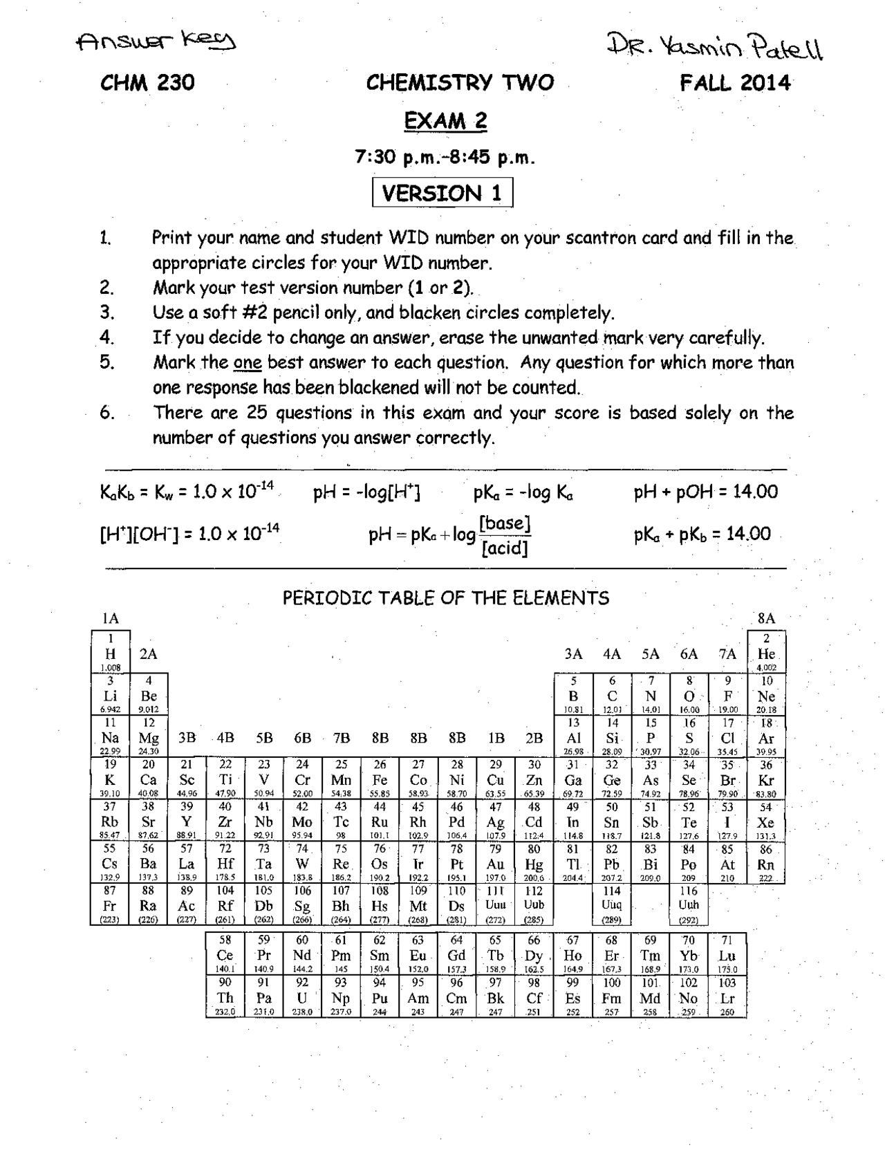 Exam 2 Answer Key Chemistry Ii Chm 230 Docsity