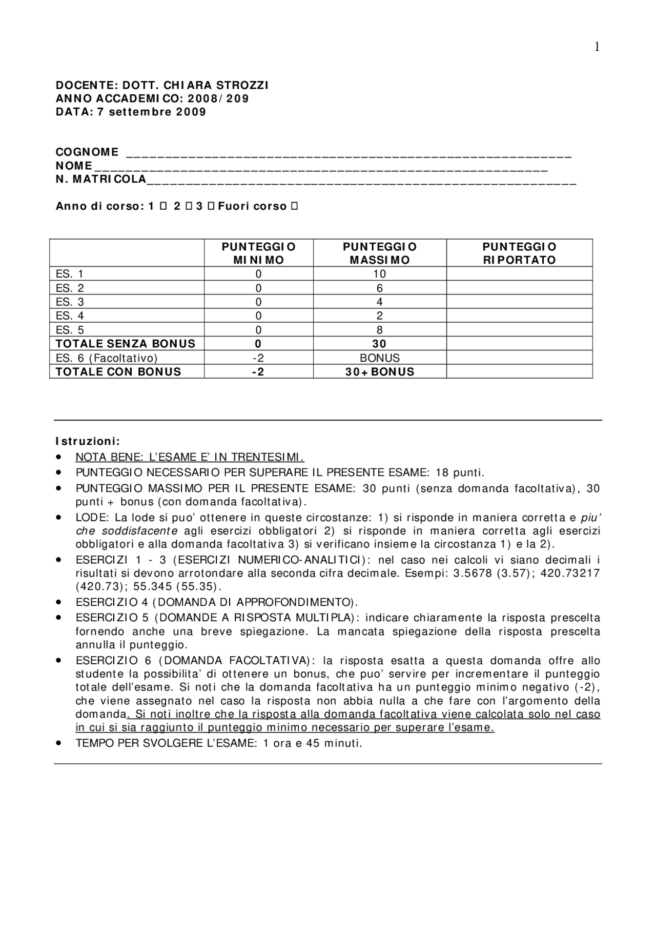 Prova d'esame Introduzione alla macroeconomia Chiara Strozzi - Docsity
