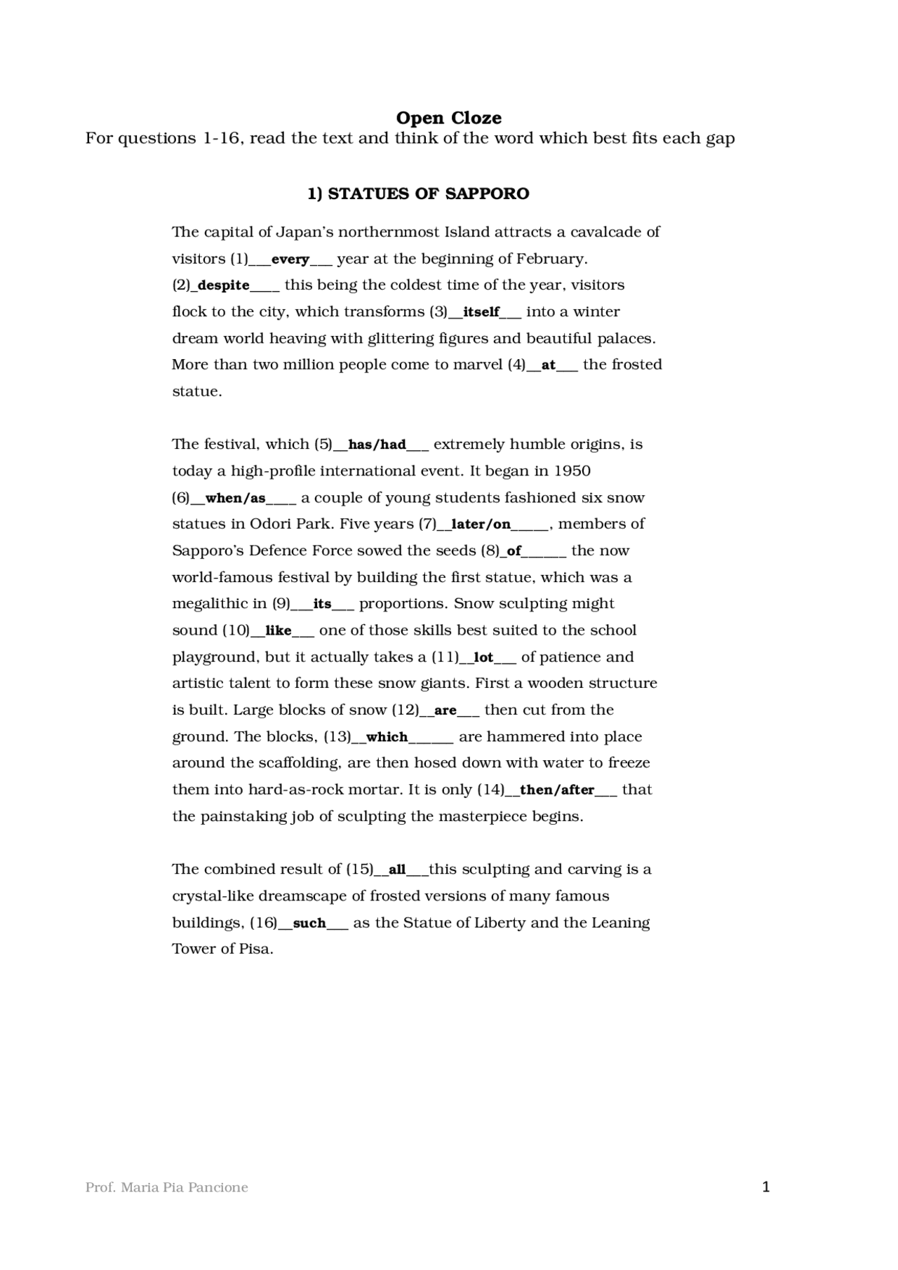 Open cloze exercises answers - Docsity