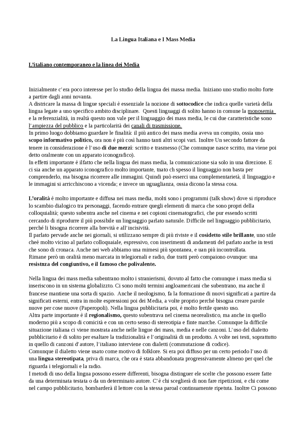 La Lingua Italiana e I Mass Media - Docsity