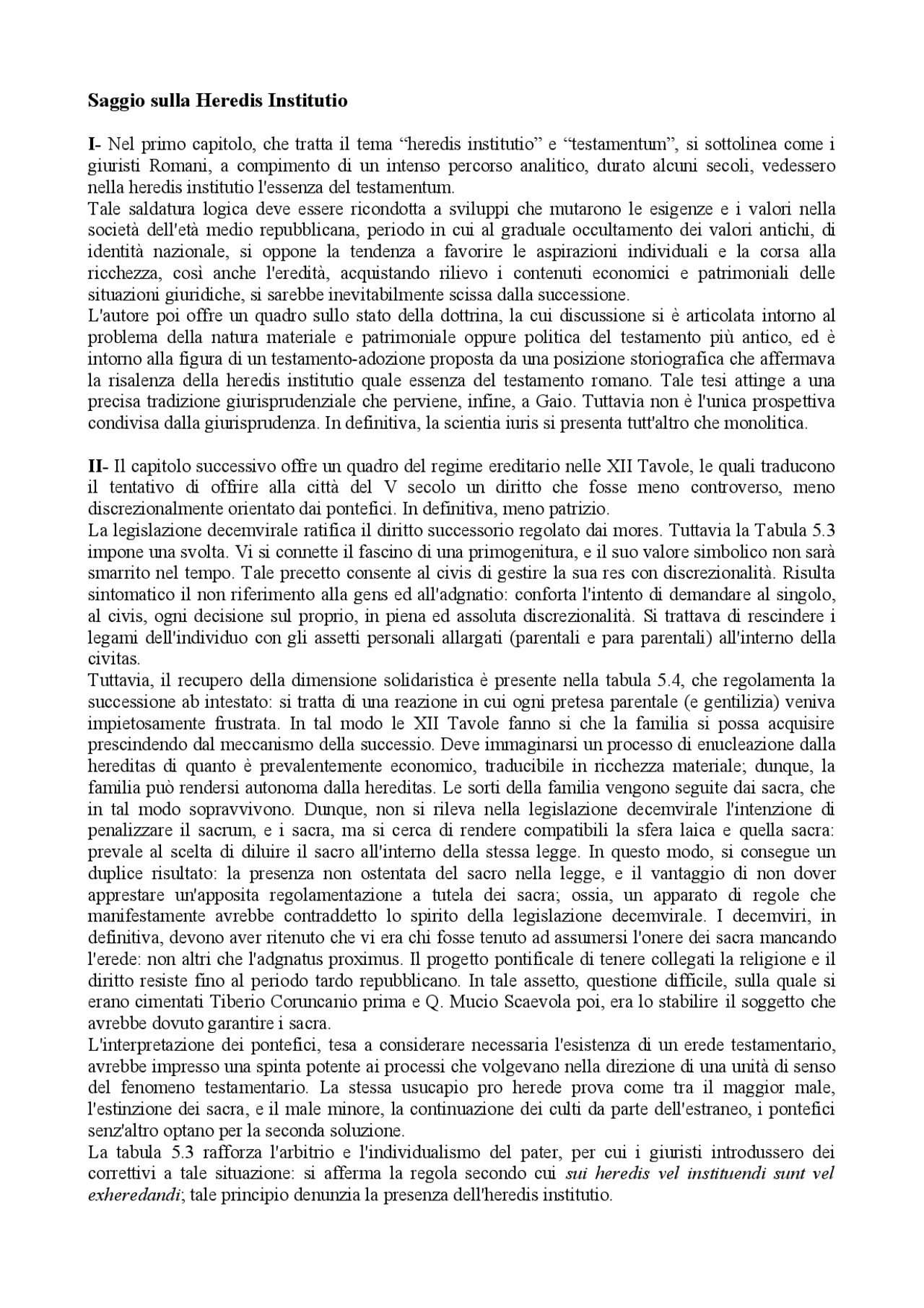 Riassunto del testo Saggio sulla 'heredis institutio'. Problemi di ...