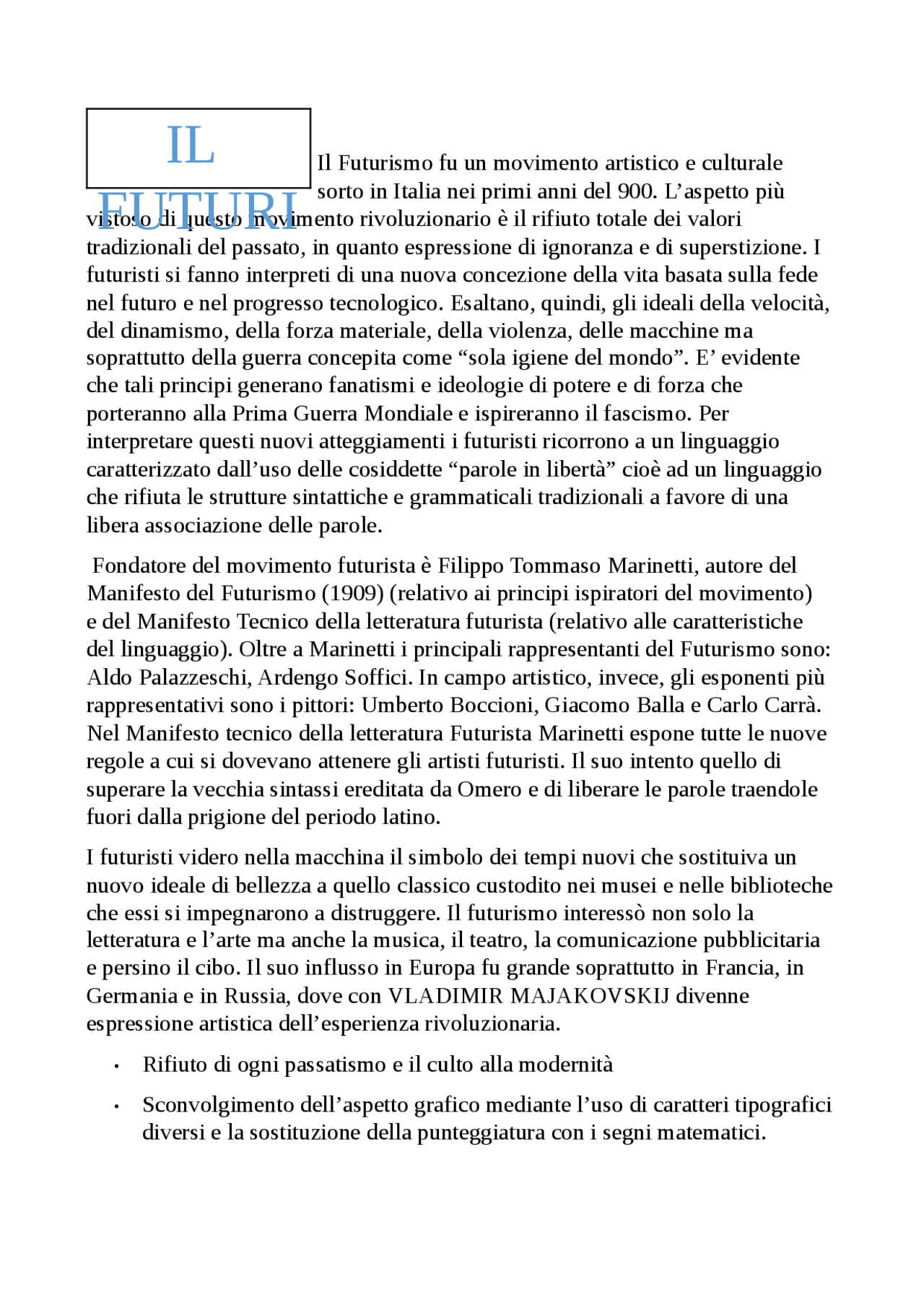 Appunti Sul Futurismo Docsity