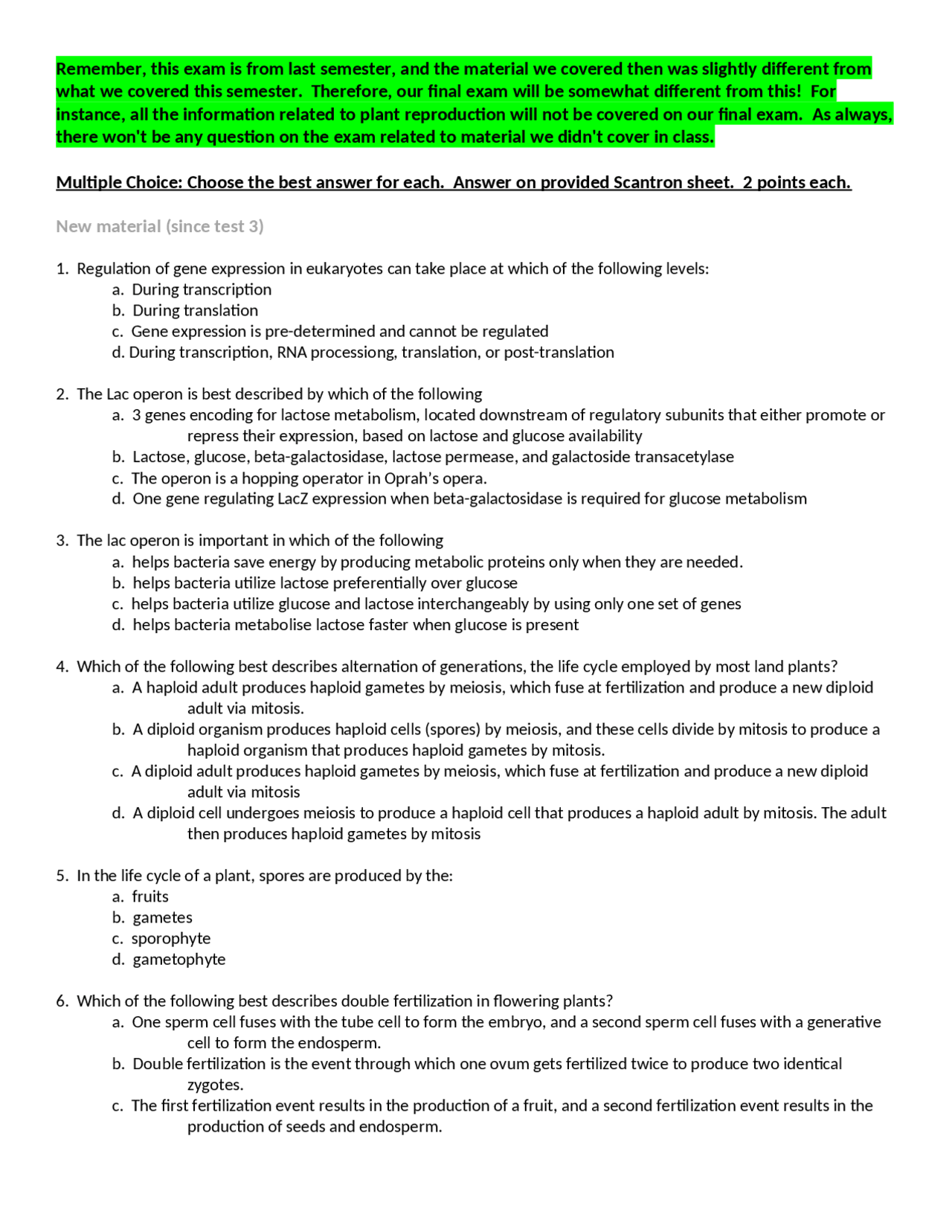 Final Exam Questions - Introductory Biology: Cellular and Molecular ...