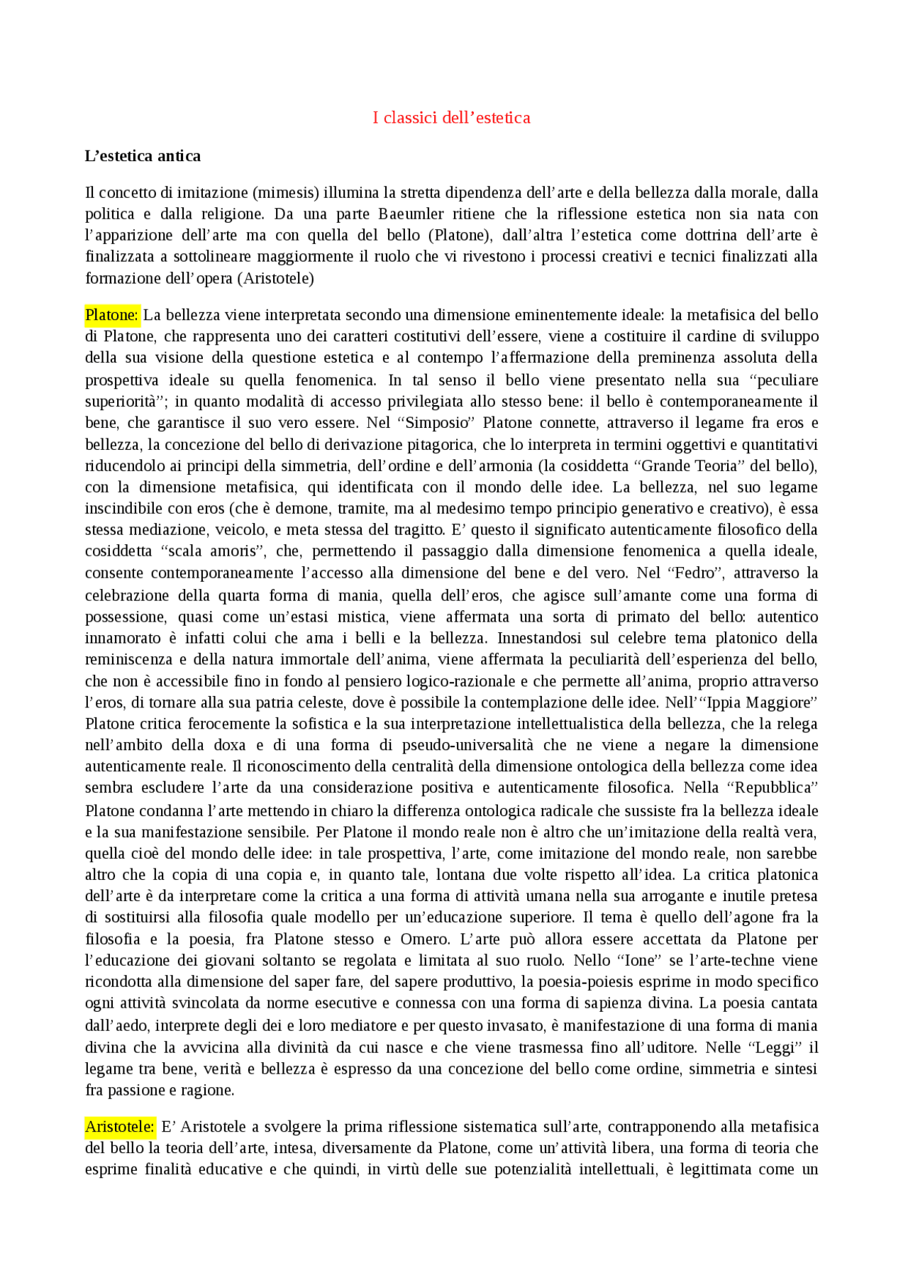 Riassunto Manuale I Classici Dellestetica Docsity