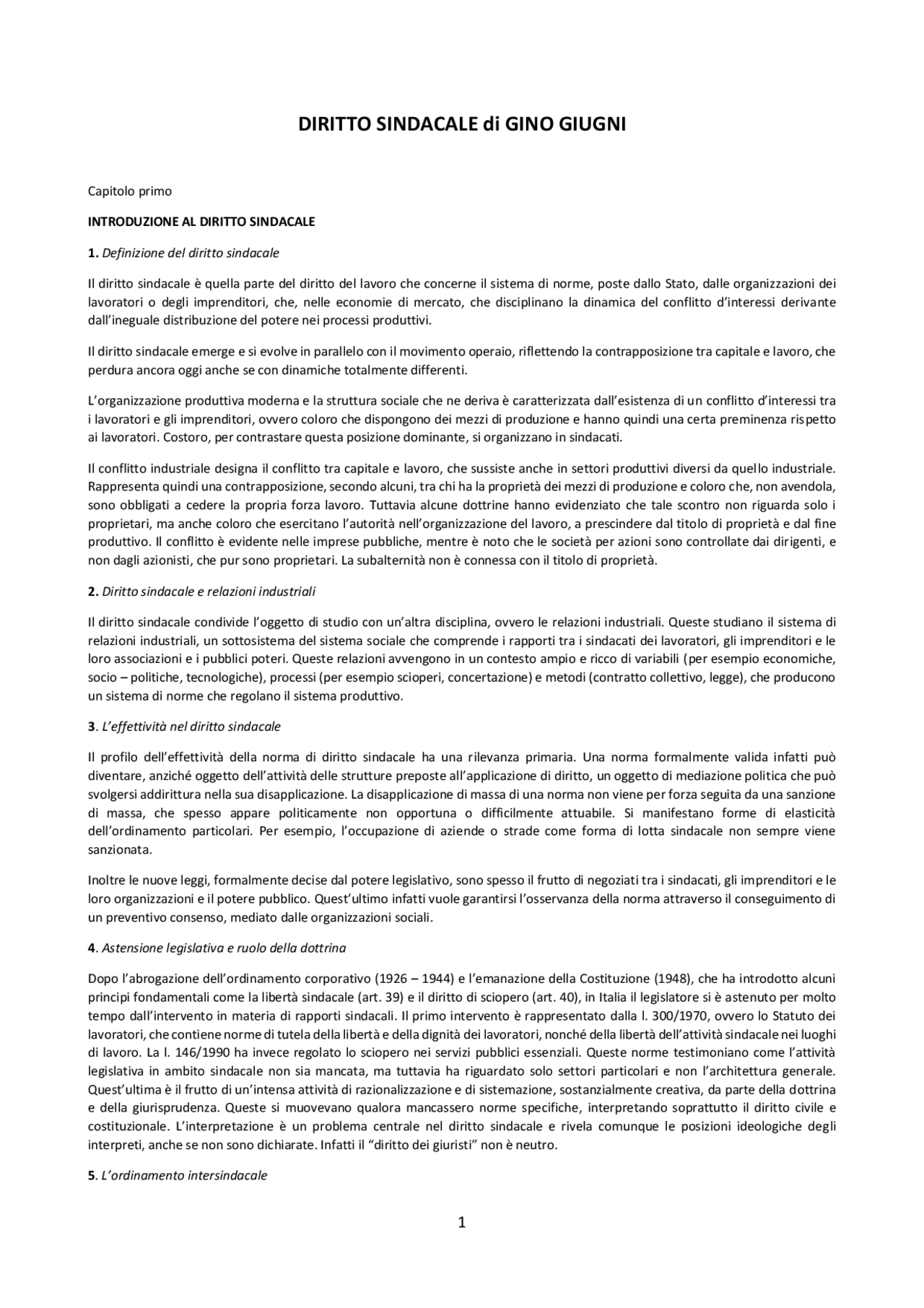 Riassunto Diritto Sindacale Gino Giugni Docsity
