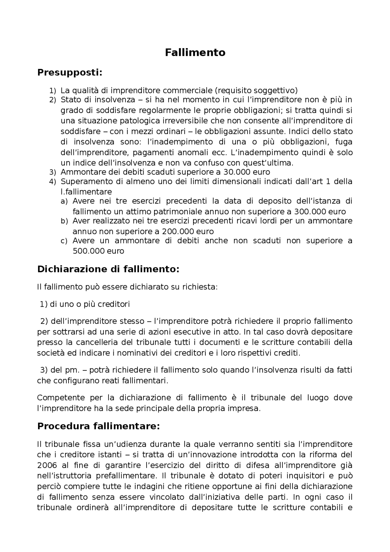 Appunti Sul Fallimento Presupposti Procedura Ed Effetti Docsity
